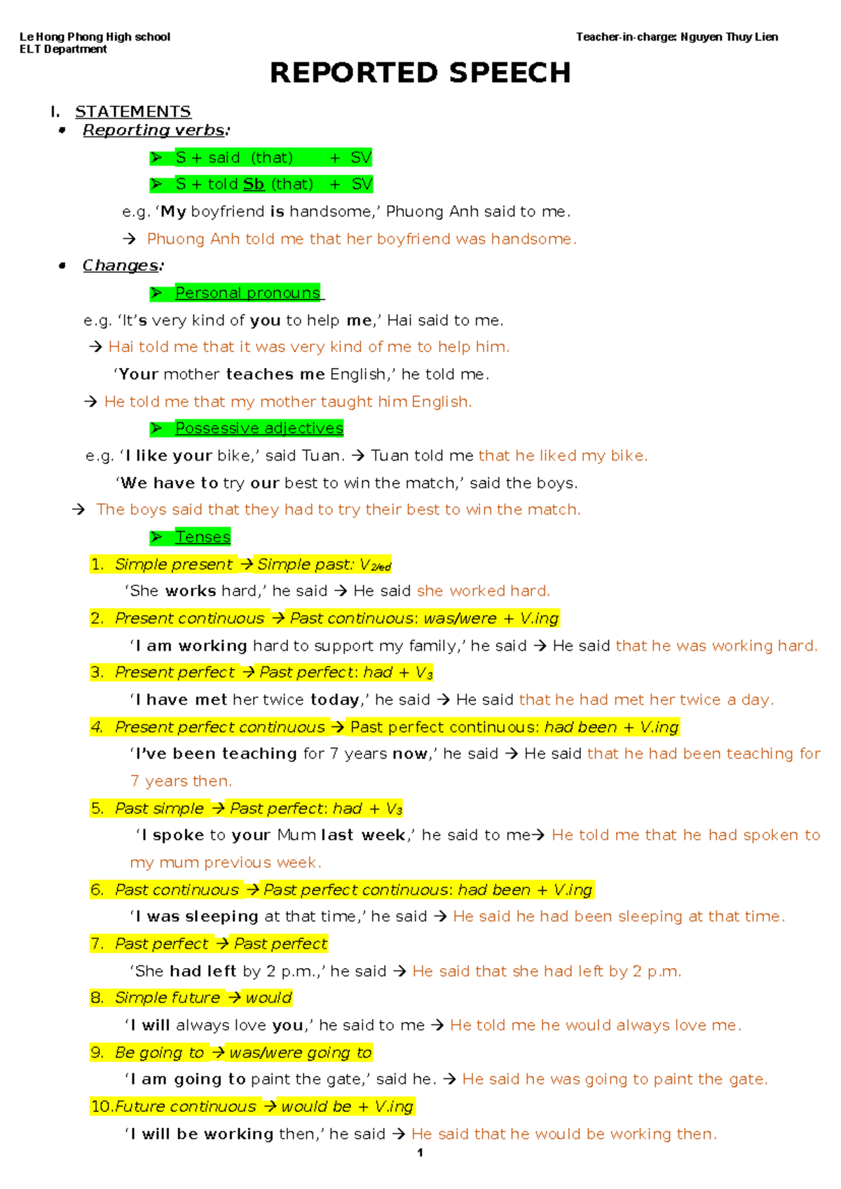 Reported Speech (Theory) - ELT 101 Notes - Studocu