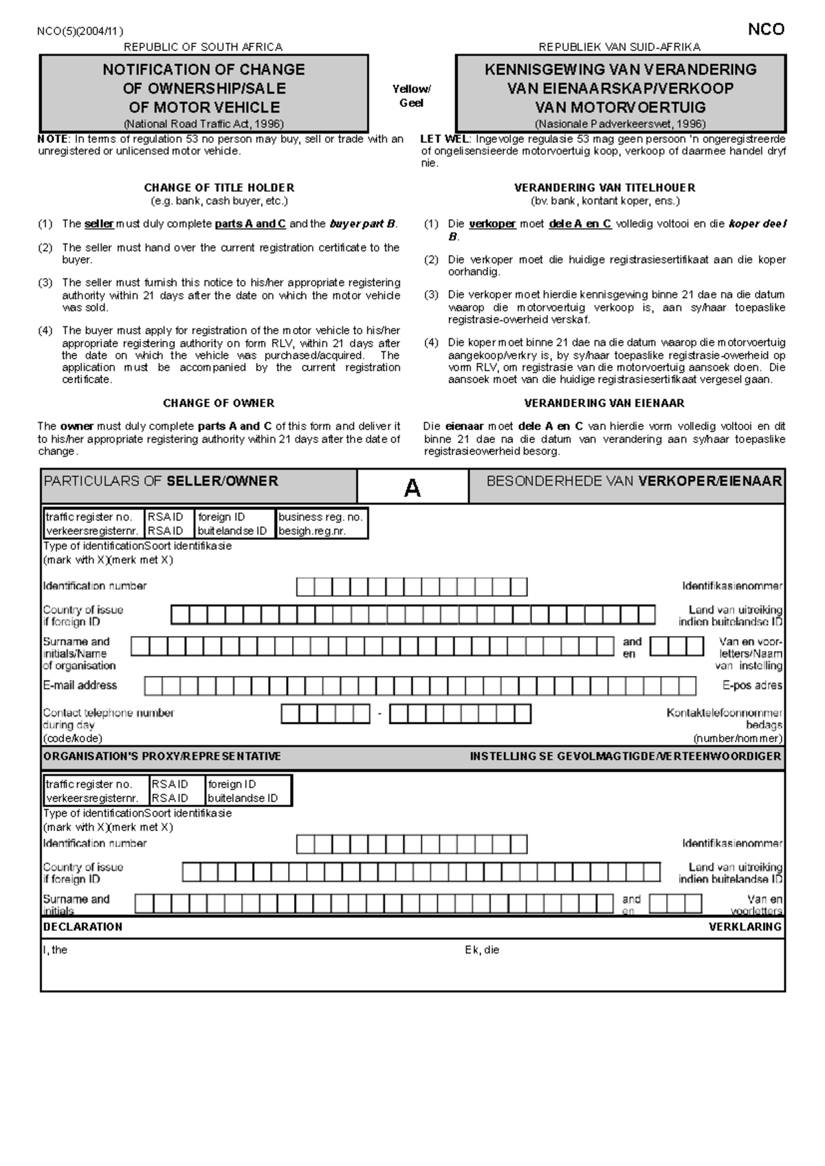 NCO(5)(2004/11) - Notification of Change of Ownership of Motor Vehicle ...