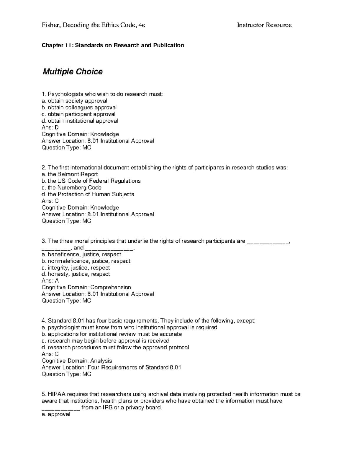Fisher 4e Test Bank: Chapter 11 MCQs on Research Ethics Standards - Studocu