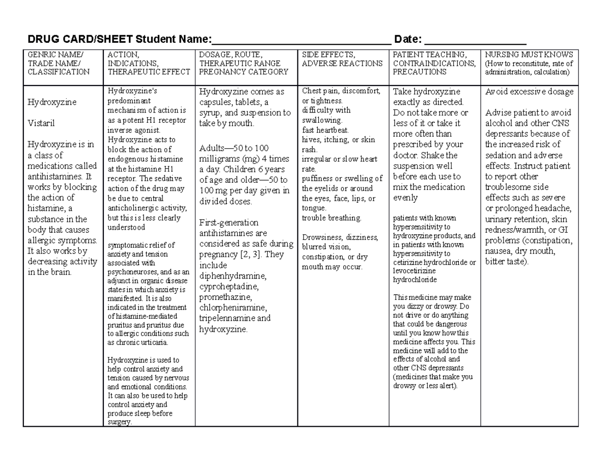 Hydroxyzine Drug Card - Key Information & Patient Guidelines - Studocu