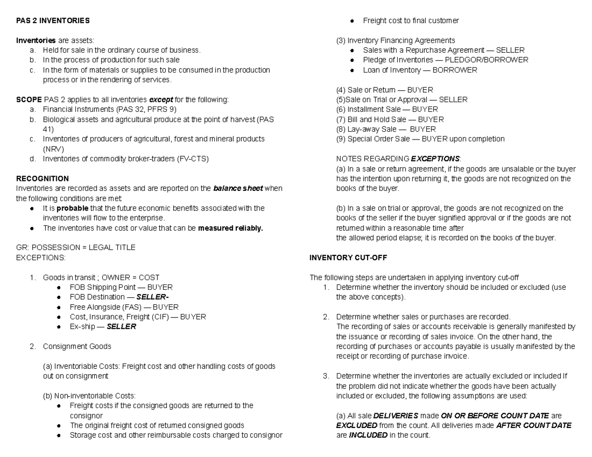 PAS 2 Inventories - Reviewer - PAS 2 INVENTORIES Inventories are assets ...