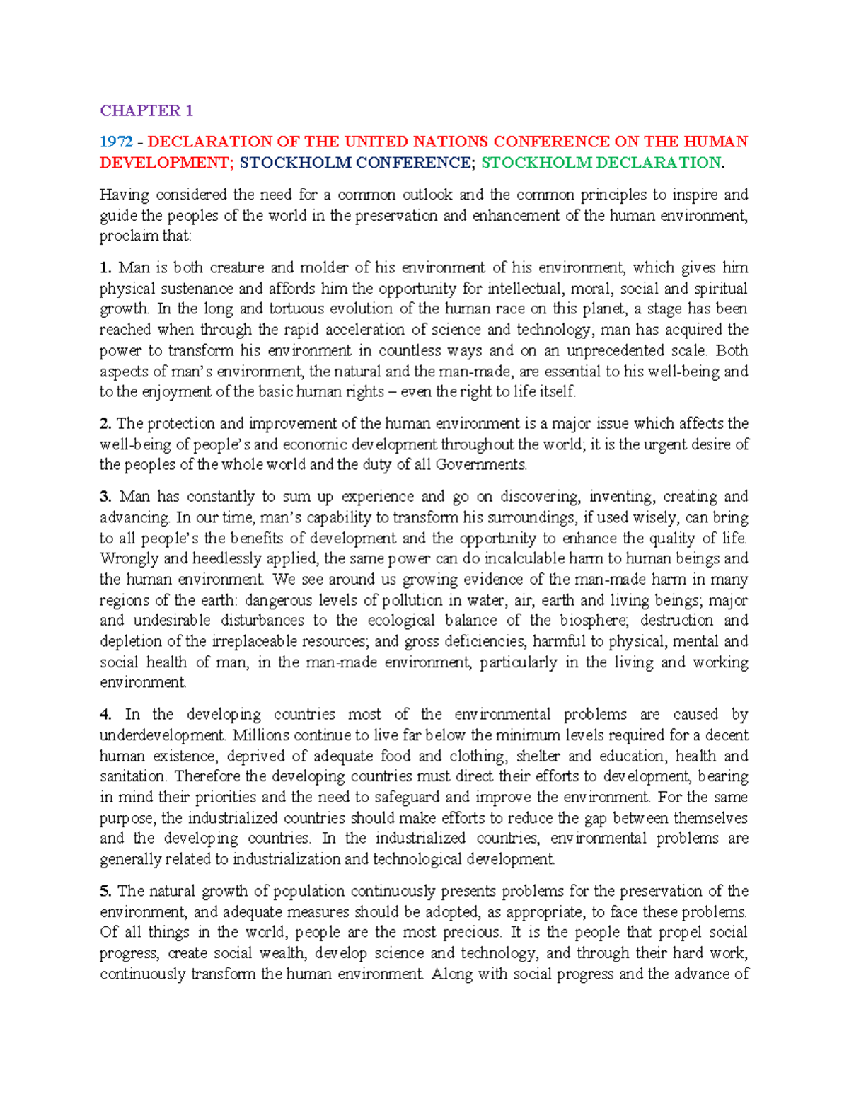 CHAPTER 1: 1972 STOCKHOLM DECLARATION ON THE HUMAN ENVIRONMENT - Studocu