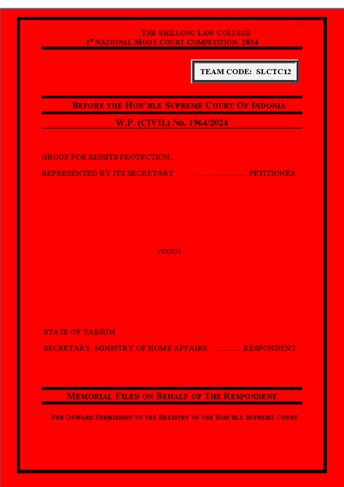 Shillong Law College National Moot Court 2024: Respondent Memorial ...