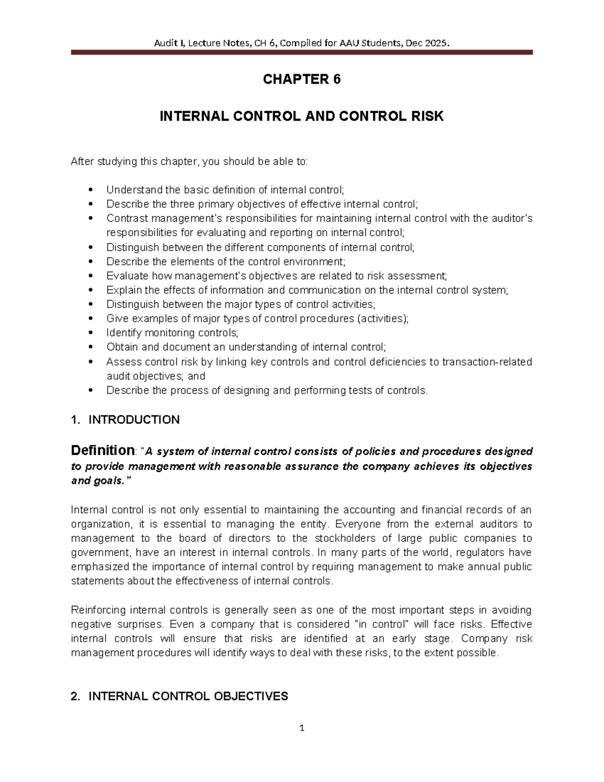 Audit I, Lecture Notes: Chapter 6 - Internal Control & Risk for AAU ...