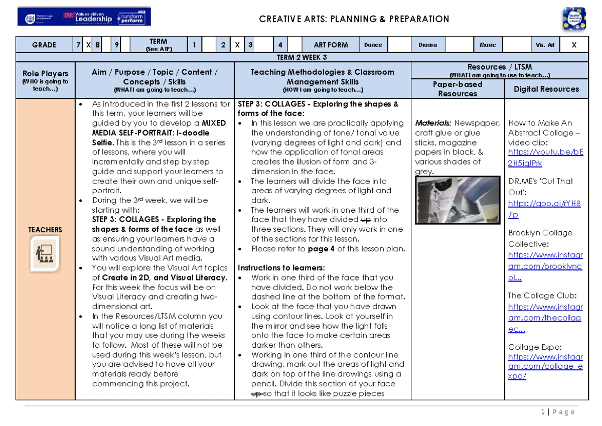 Lesson Plan Gr7 Creative Arts Visual Art T2 W2: Mixed Media Self ...