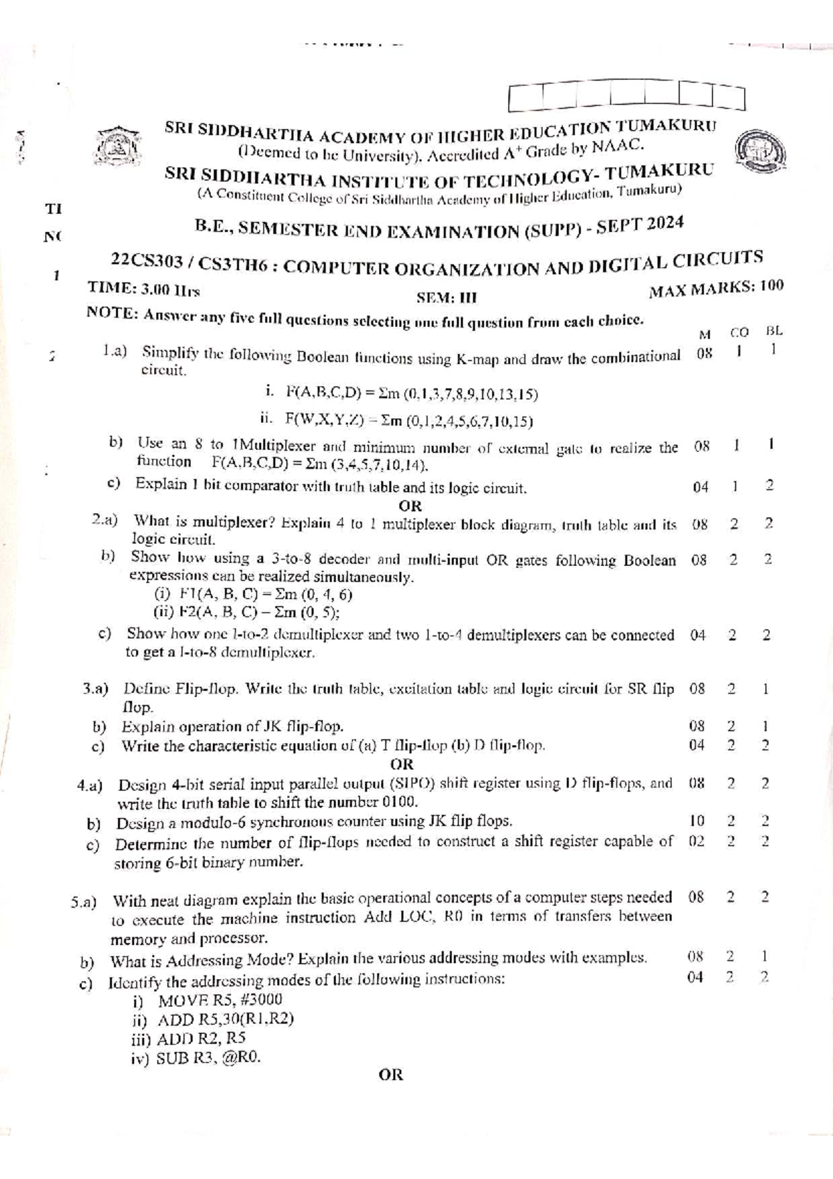 22CS303: Computer Organization & Digital Circuits - SEM End Exam (Supp ...