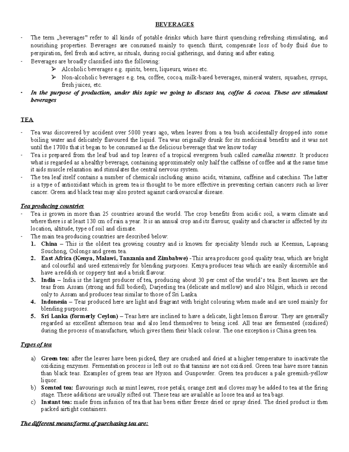 Beverages - Lecture Notes on Tea, Coffee, and Cocoa - Studocu