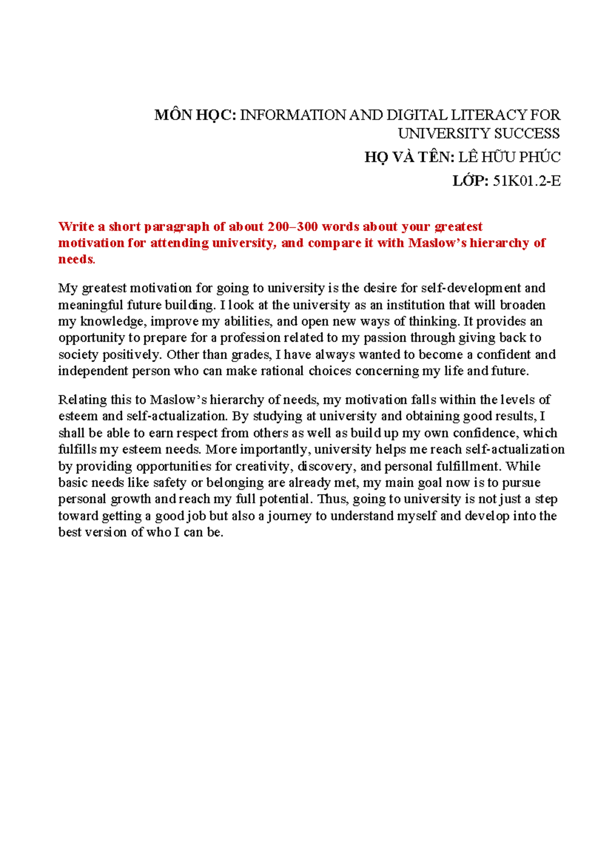 MÔN HỌC: INFORMATION AND DIGITAL LITERACY - Motivation Essay 1 - Studocu