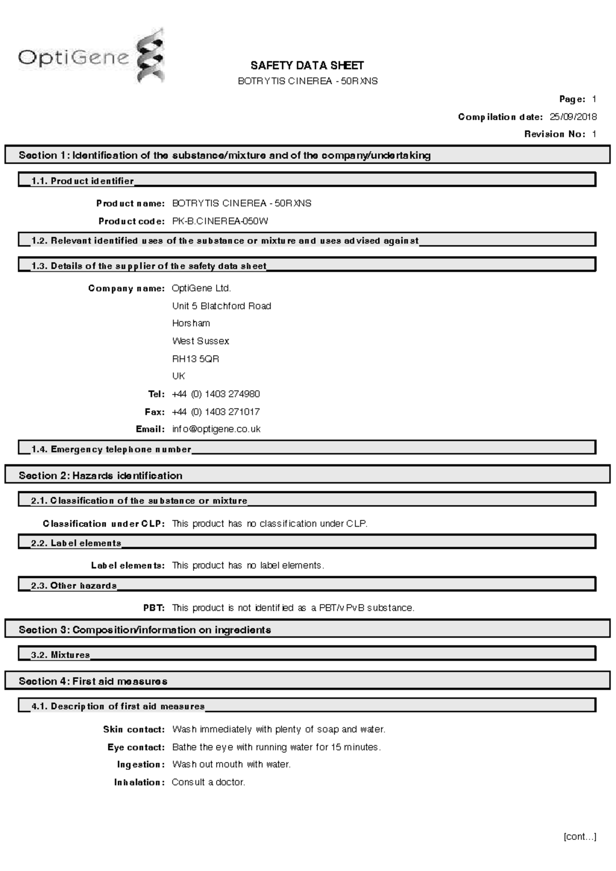 Safety Data Sheet for BOTRY TIS CINEREA 50RXNS (MSDS+B) - Studeersnel