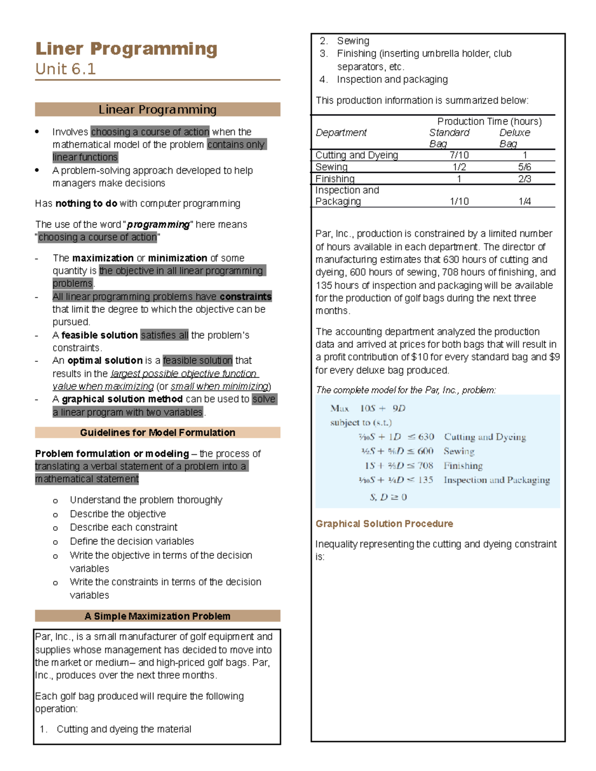 Unit 6.1 - Linear Programming - Liner Programming Unit 6. Linear Programming Involves choosing a ...