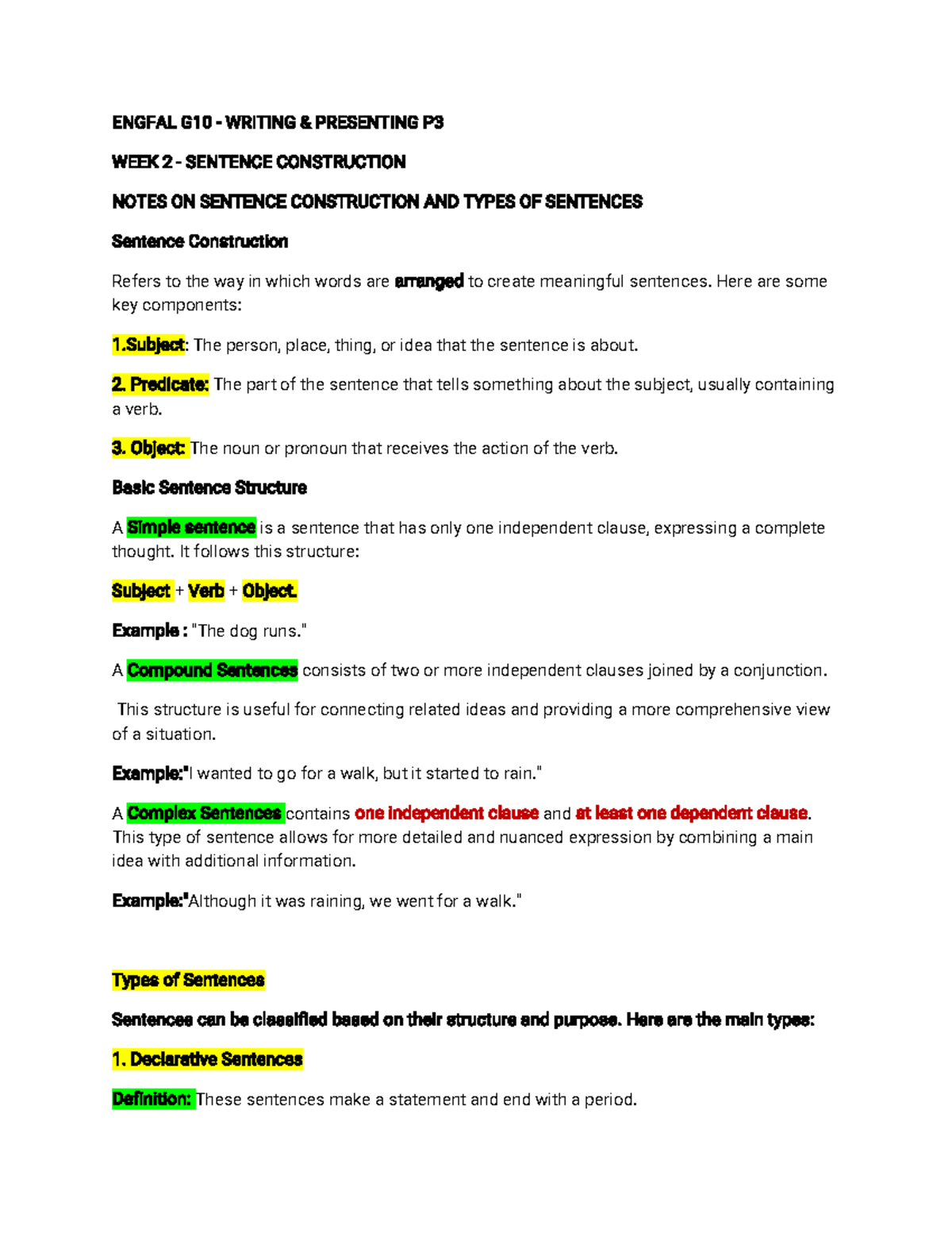 ENGFAL G10 WEEK 2 NOTES ON SENTENCE CONSTRUCTION AND TYPES - Studocu