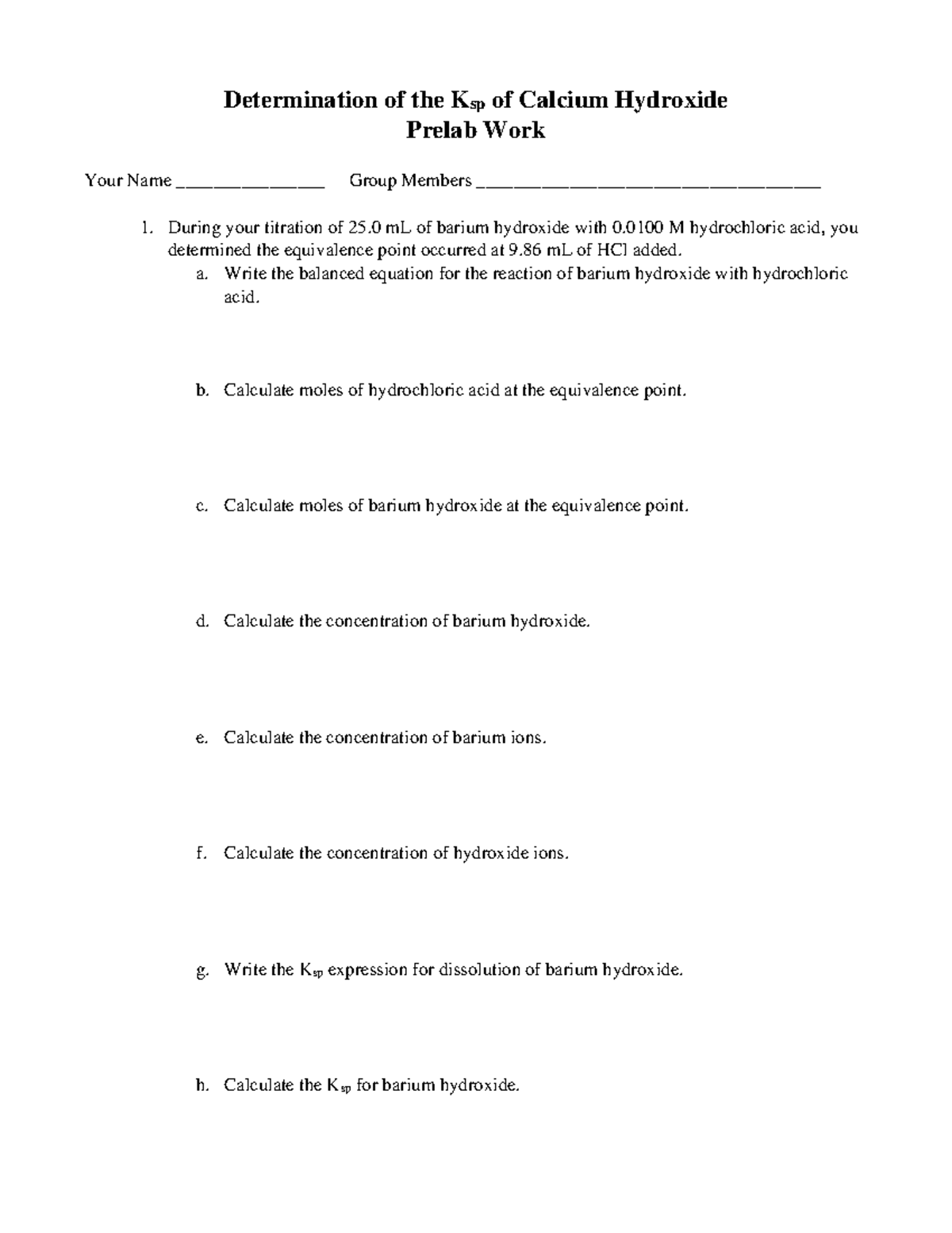 Ksp Calcium Hydroxide Prelab: Titration & Calculations Guide - Studocu