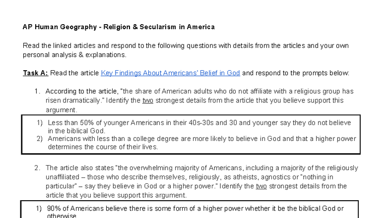 AP Human Geography: Religion & Secularism in America Analysis - Studocu
