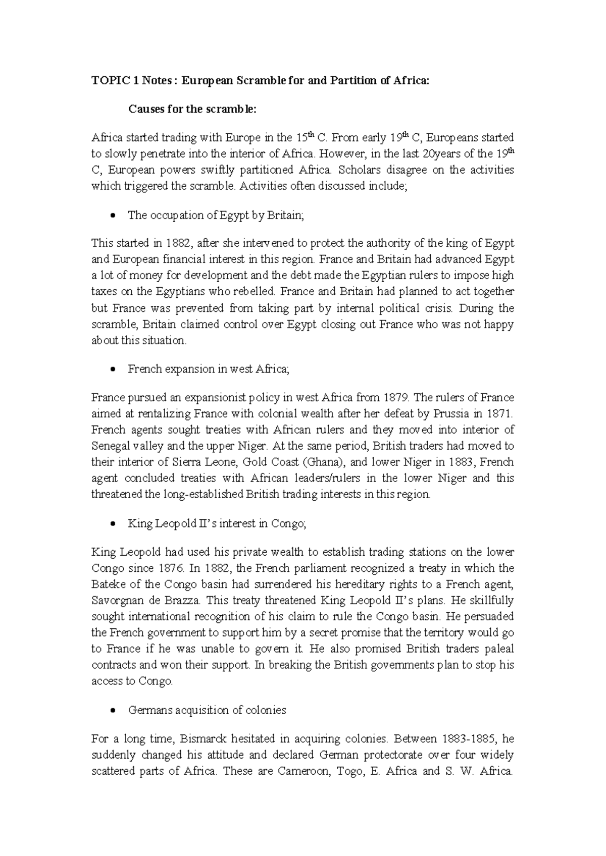 TOPIC 1 Notes: The European Scramble and Partition of Africa - Studocu