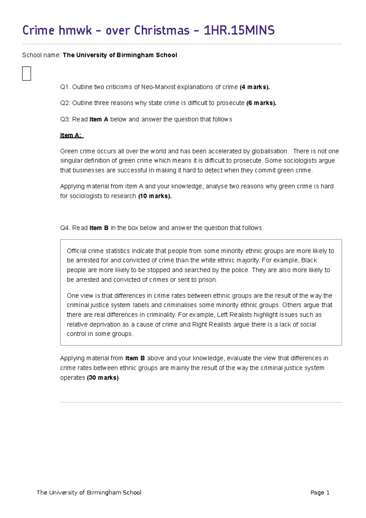 Crime Homework - Christmas Assignment 1HR.15MINS - Studocu