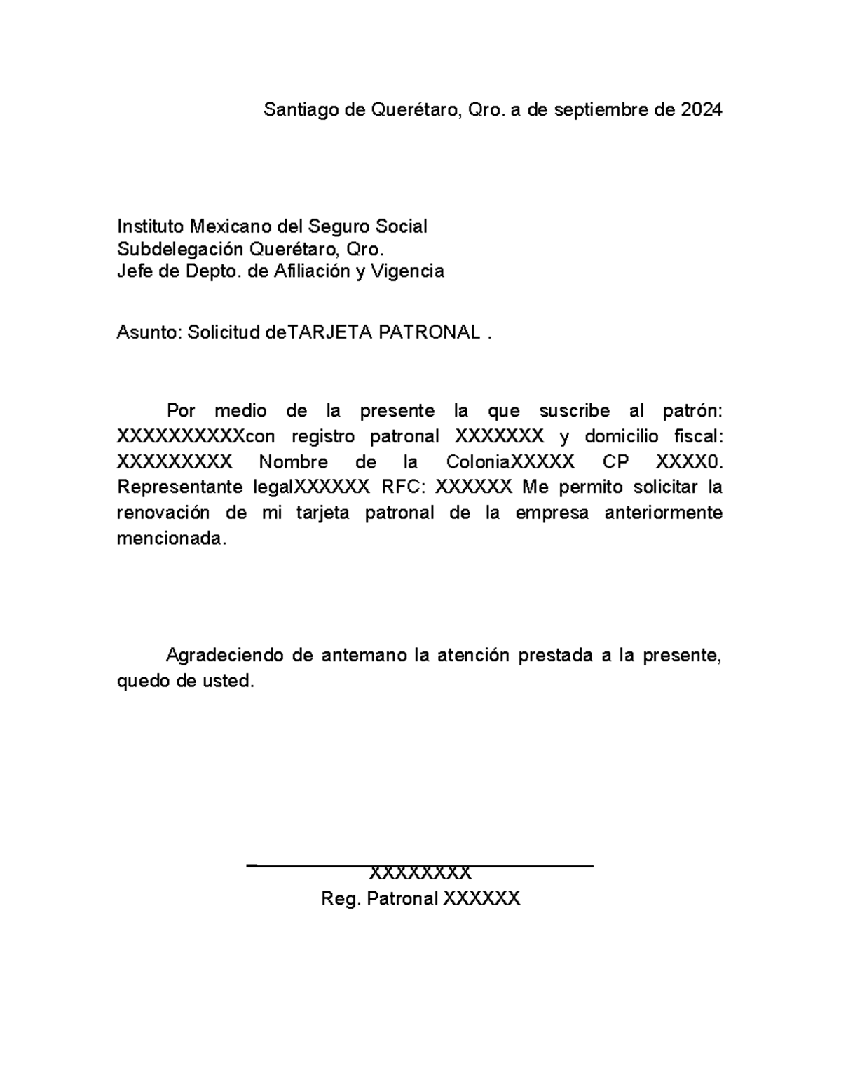 Carta IMSS Tarjeta Patronal 2024 - Santiago de Querétaro, Qro. a de ...