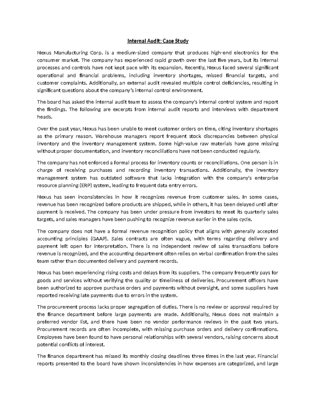Nexus Manufacturing Corp. Internal Control Case Study Analysis - Studocu