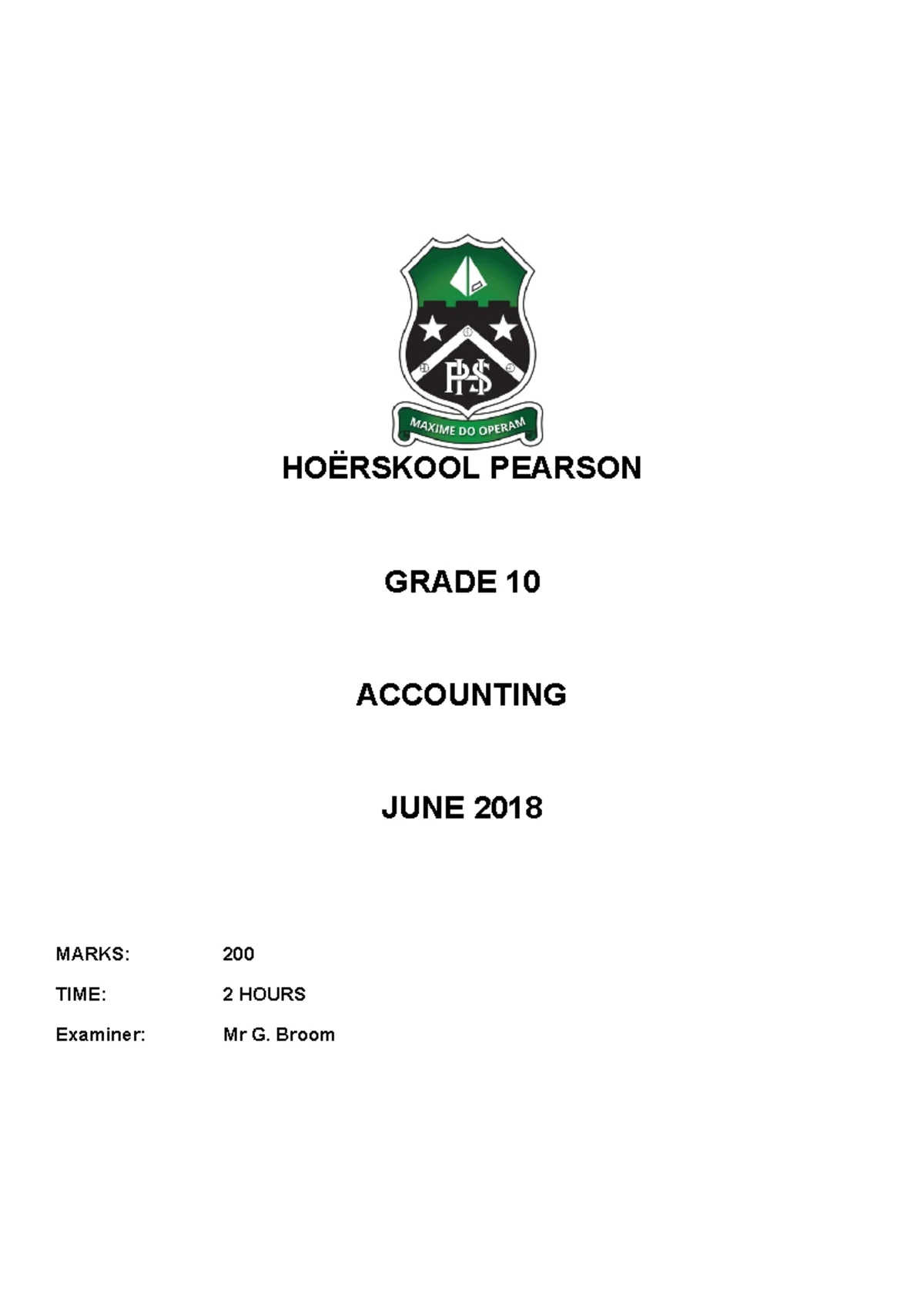 Gr 10 Accounting June Exam 2019 Answer Sheet (Total: 200 Marks) - Studocu