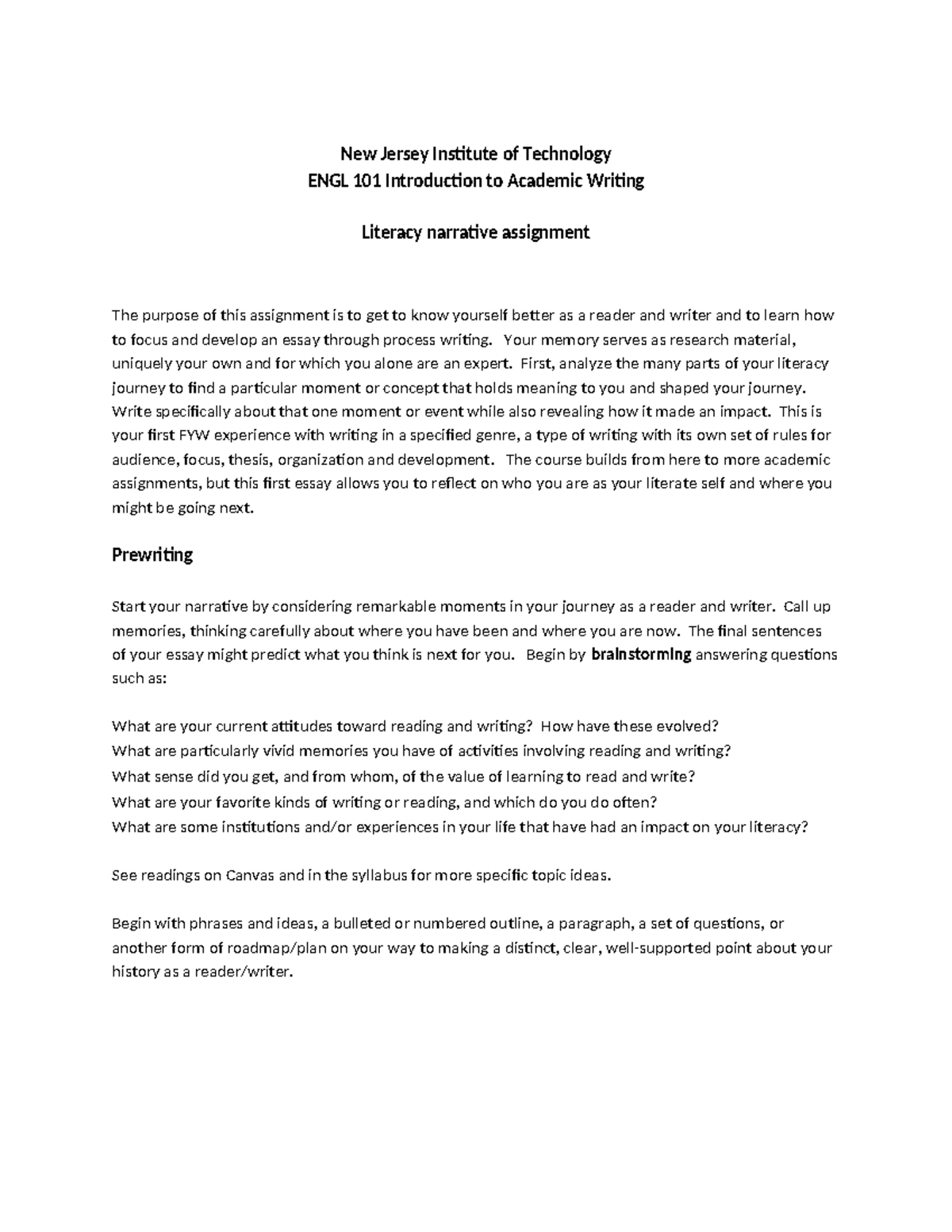 ENGL 101 Literacy Narrative Assignment Instructions for Fall 2023 - Studocu