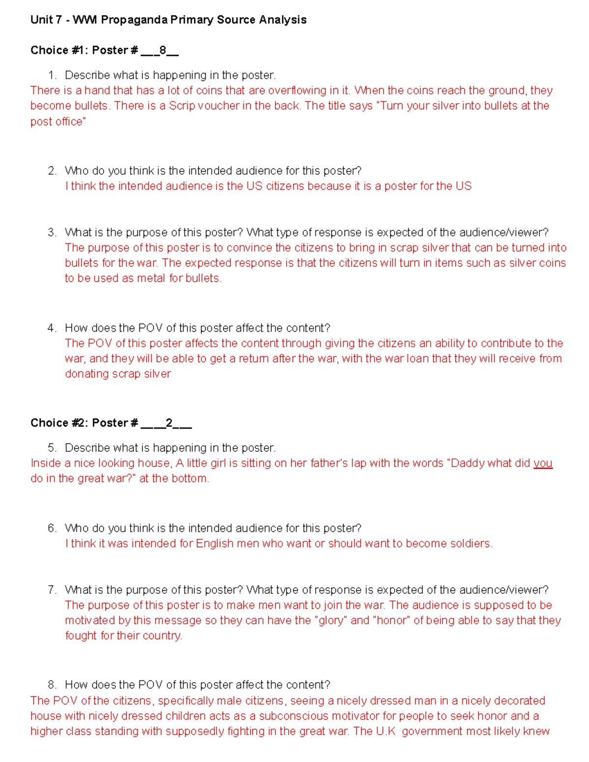 WWI Propaganda Analysis - Analyzing Primary Sources in Unit 7 - Studocu
