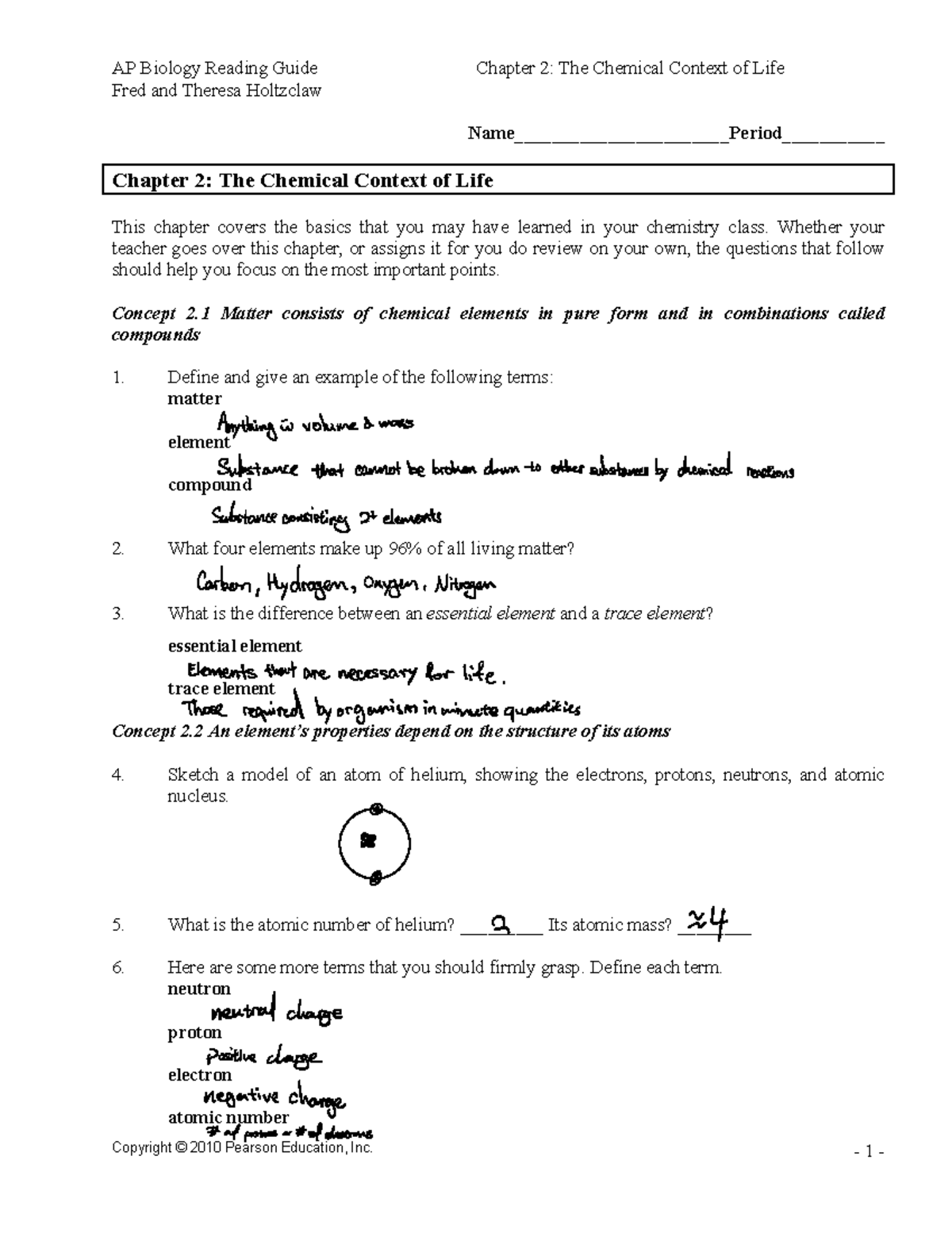 AP Biology Reading Guide: Chapter 2 - The Chemical Context of Life ...