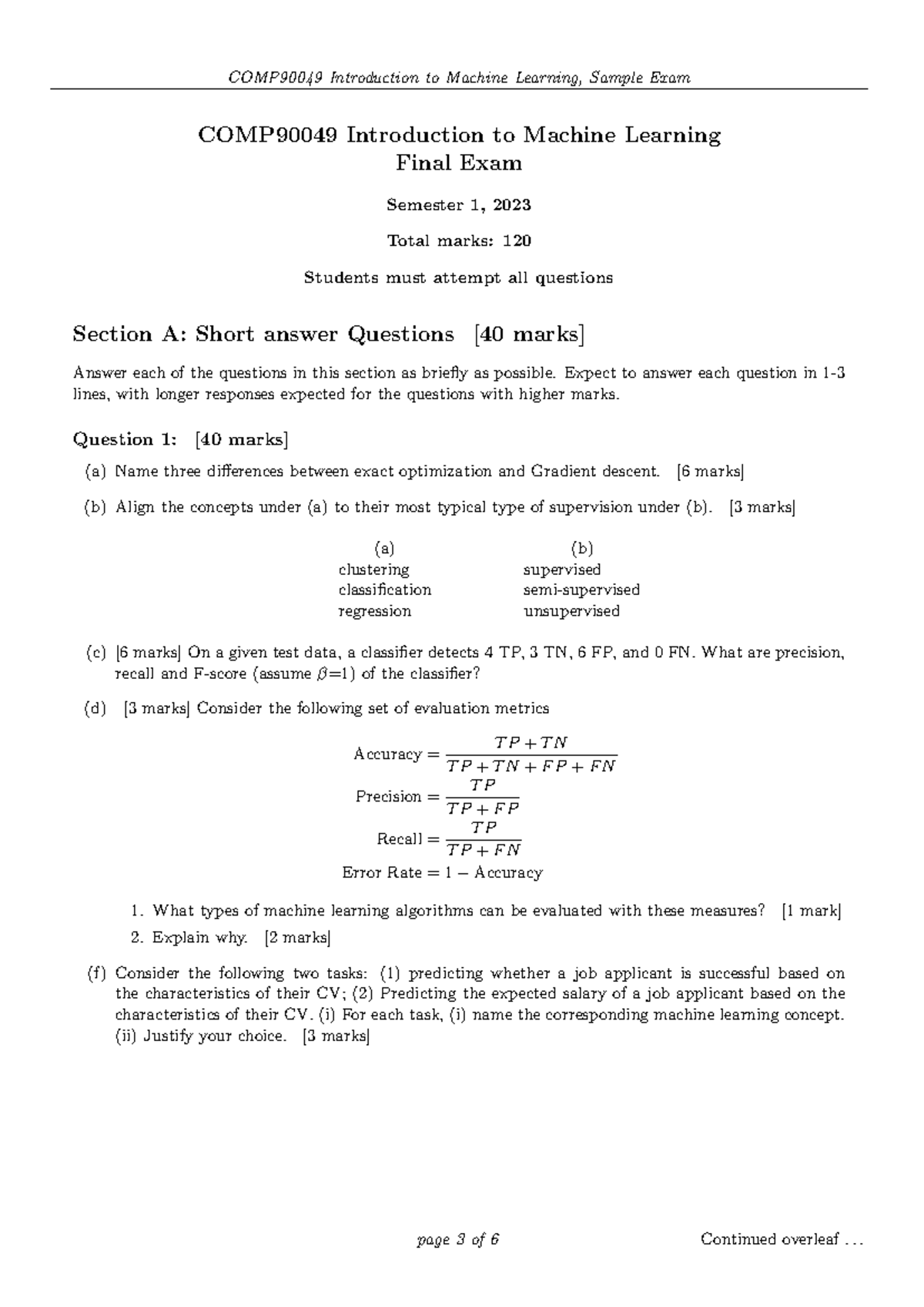 Mock-exam - 24S2 mock final - COMP90049 Introduction to Machine Learning Final Exam Semester 1 ...