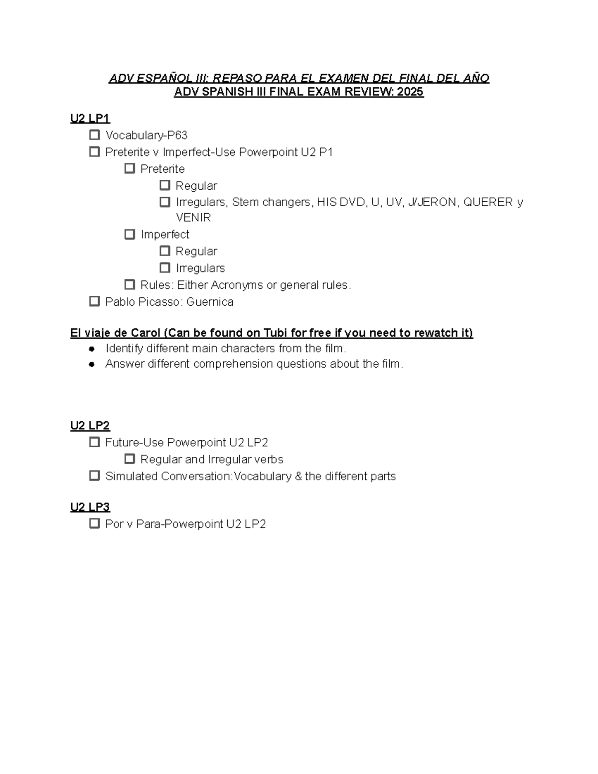 ADV SPANISH III FINAL EXAM REVIEW: Comprehensive Study Guide 2025 - Studocu