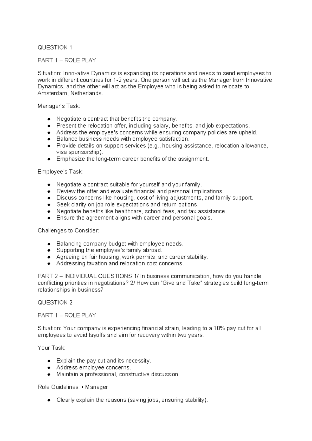 ENM402 - Role Play Scenarios and Negotiation Strategies - Studocu