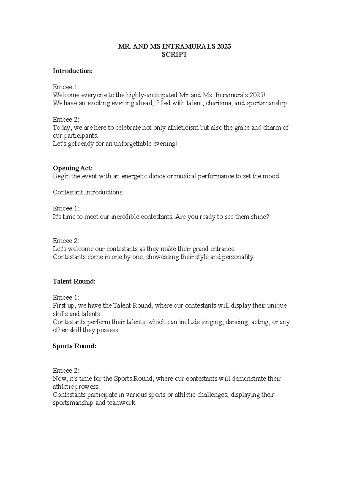 MR AND MS INTRAMURALS 2023 - Event Script for Emcees - Studocu