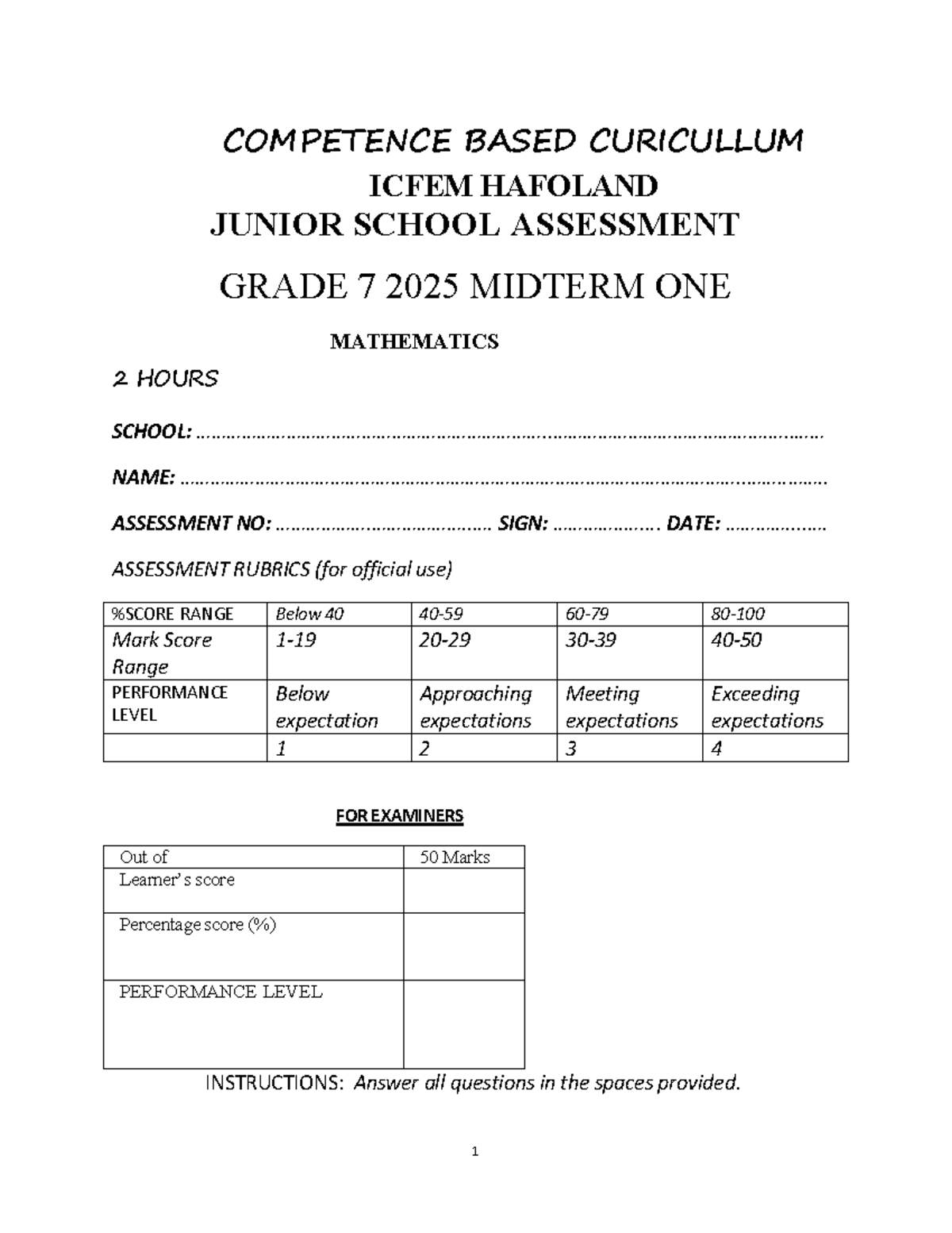 Grade 7 Mathematics Midterm Assessment 2025 - Term 1 - Studocu