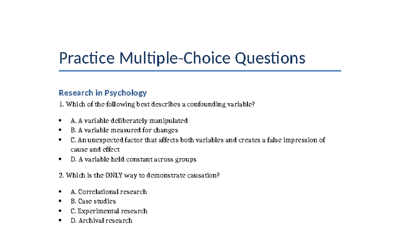 Psych Practice Questions: Research in Psychology (PSY 101) - Studocu