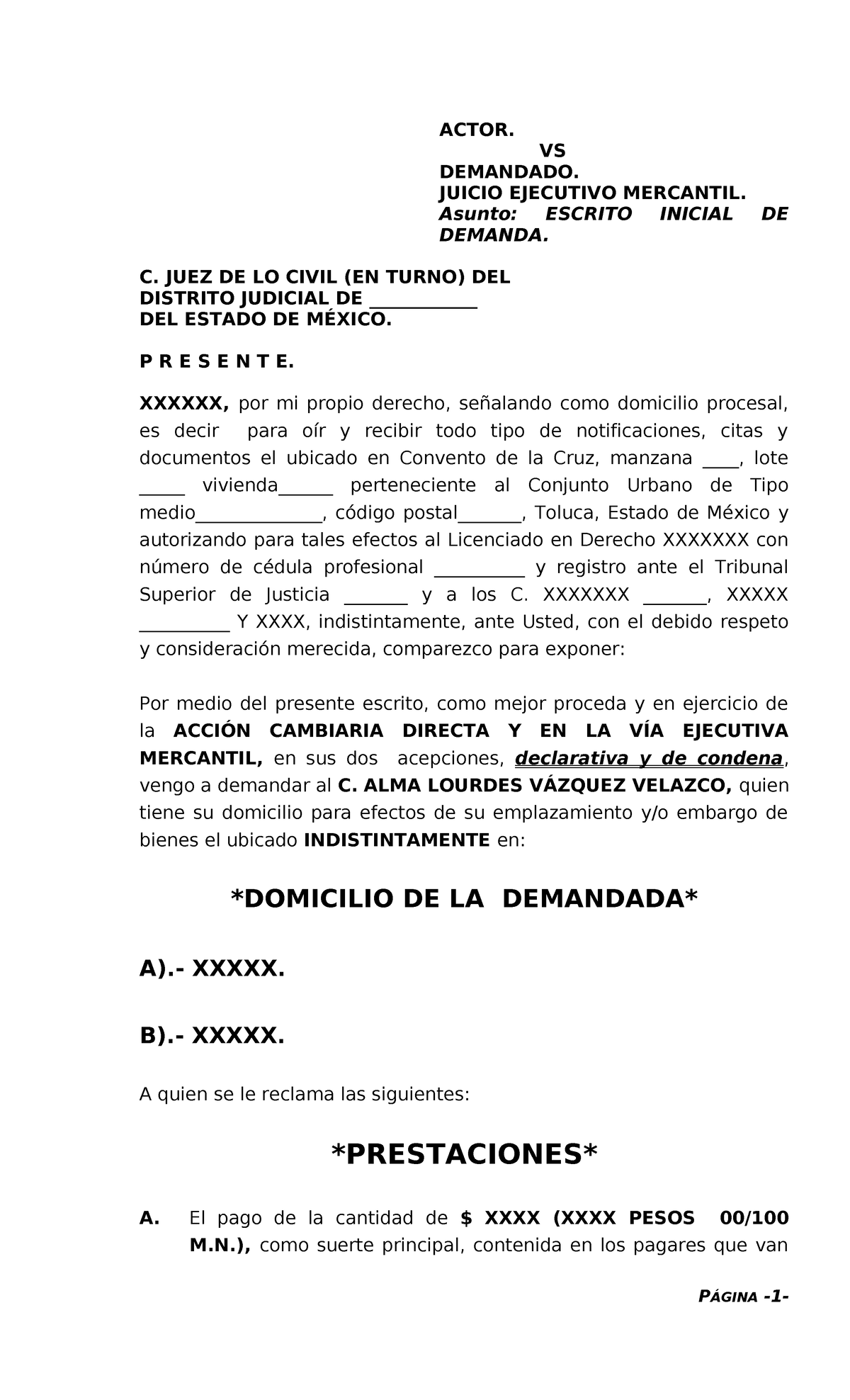 Demanda Mercantil Pagare - ACTOR. VS DEMANDADO. JUICIO EJECUTIVO ...