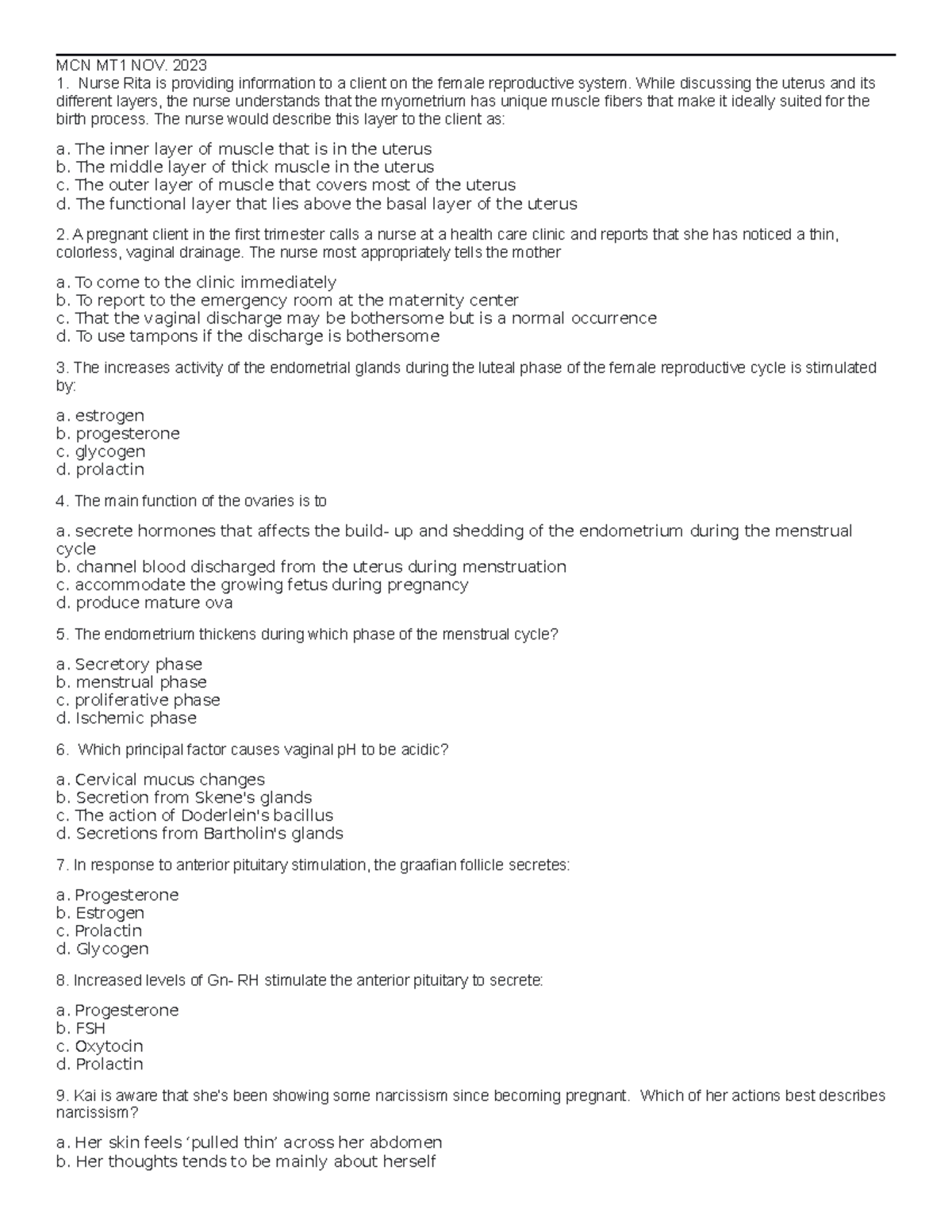 MCN MT1 Final Exam Review: Female Reproductive System Insights - Studocu