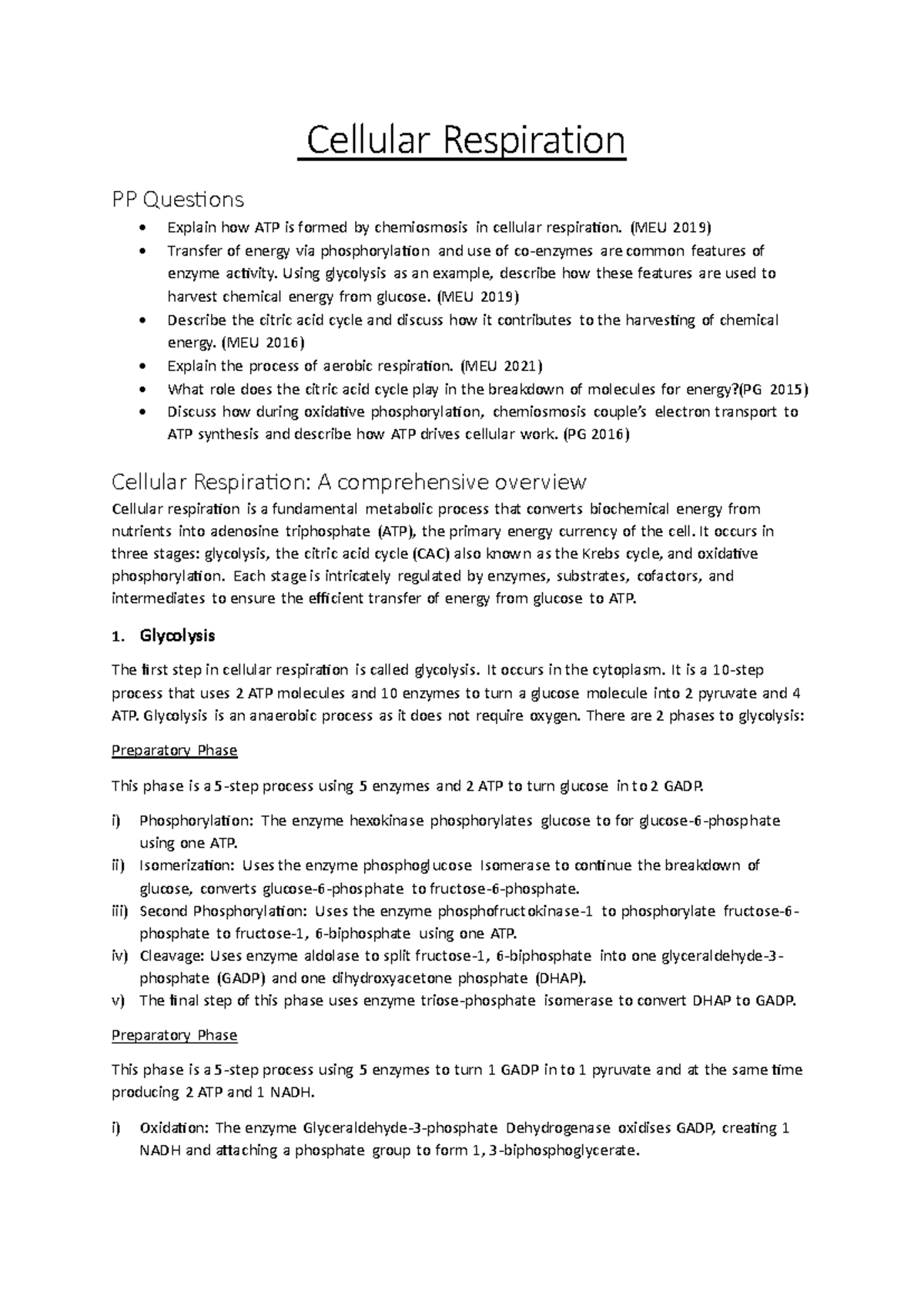 Cellular Respiration - Notes - Cellular Respiration PP Questions ...