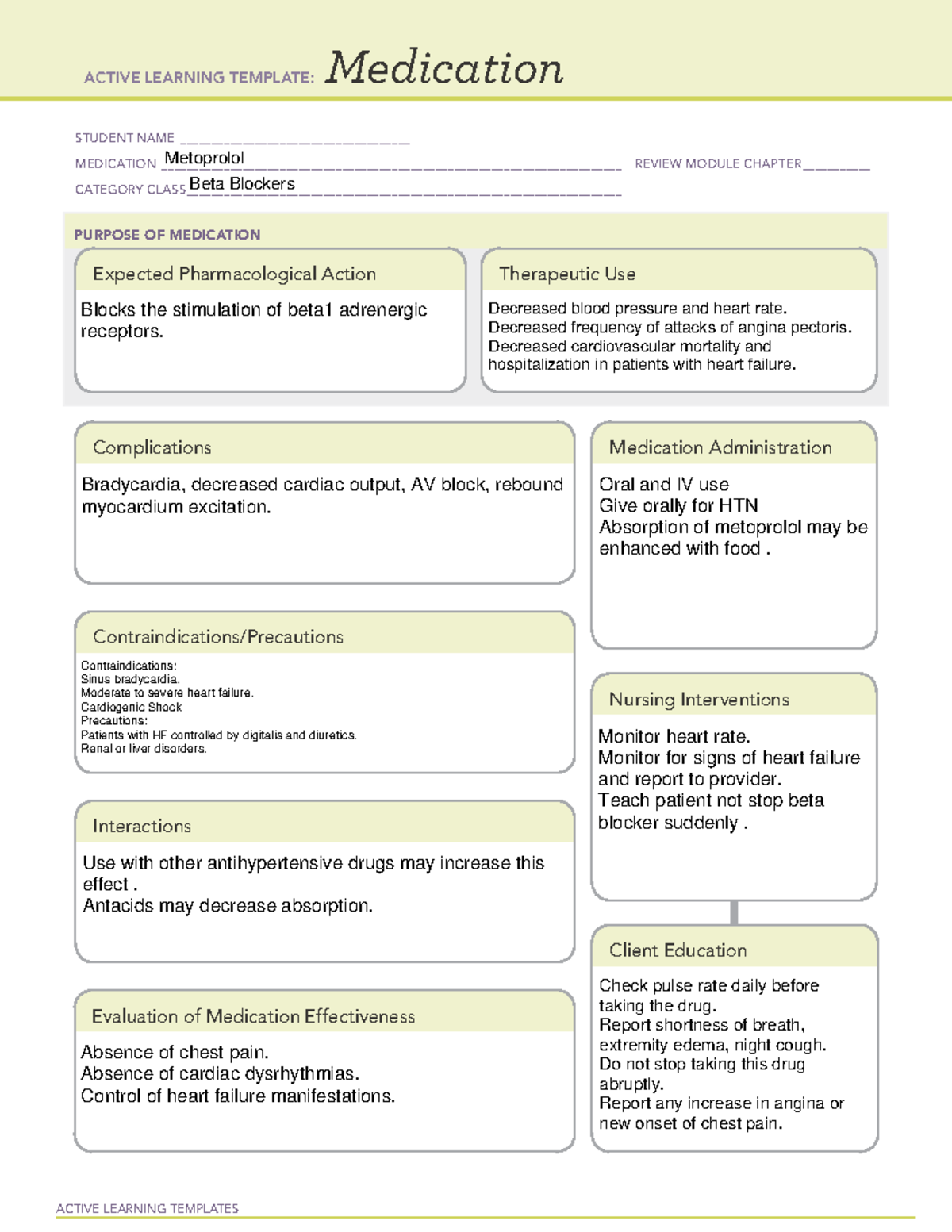 AT Medication Template: Metoprolol Assignment (Pharmacology) - Studocu