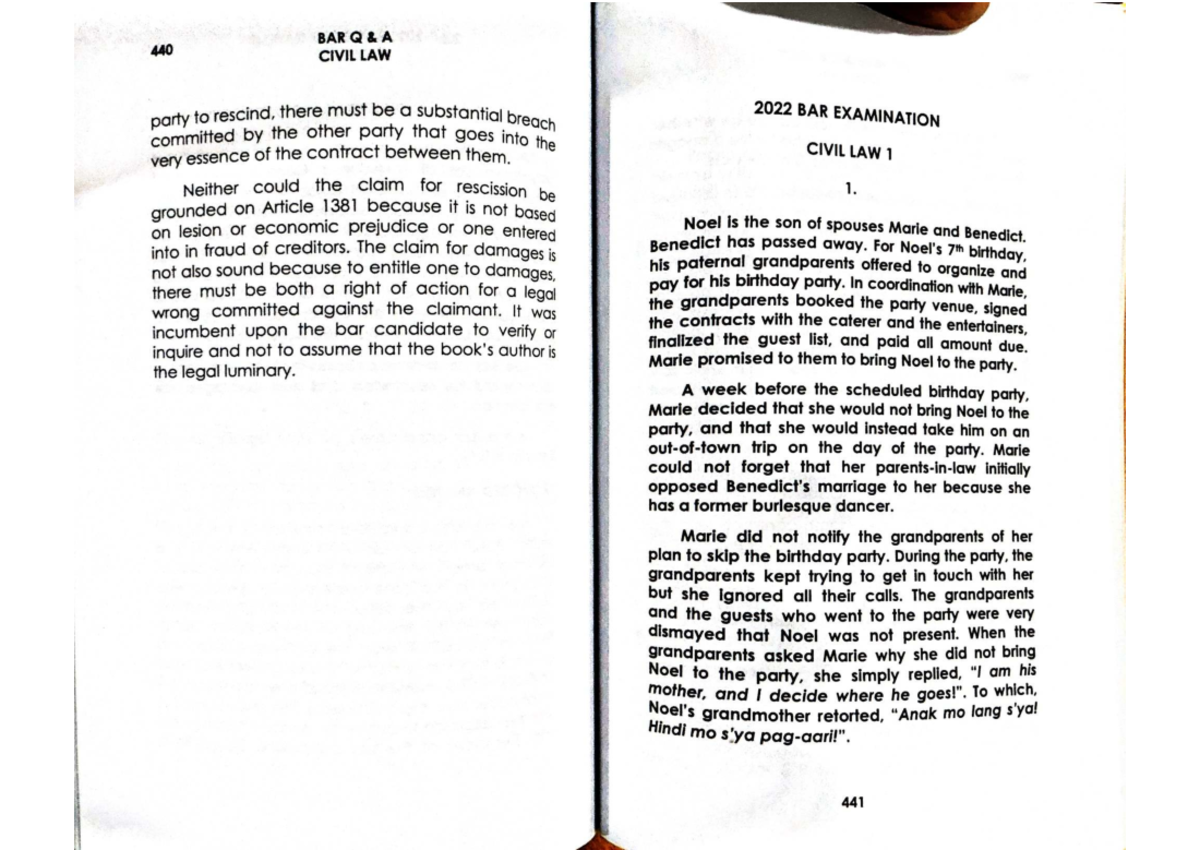 CIVIL LAW 2022 BAR EXAMINATION REVIEW QUESTIONS AND ANSWERS - Studocu