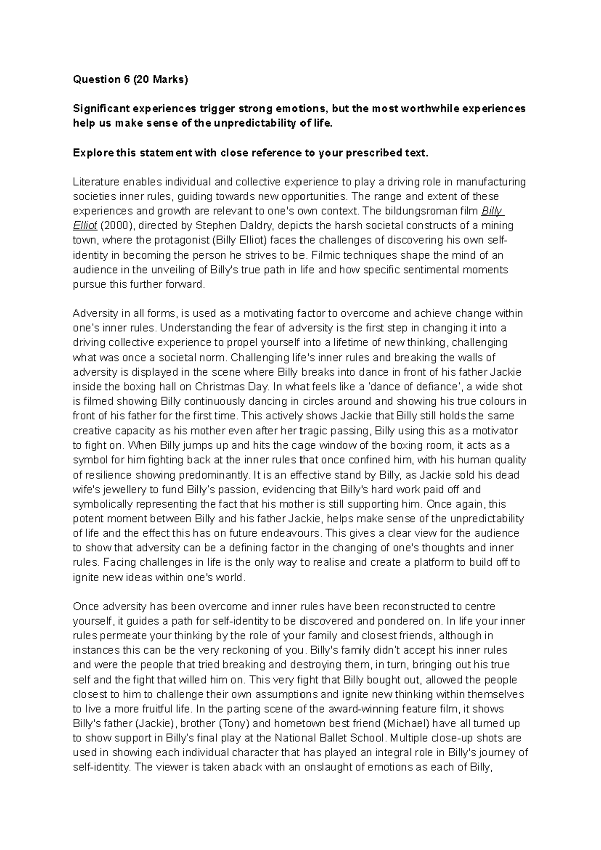 HSC Essay: Exploring Self-Identity in Billy Elliot (2000) - Studocu