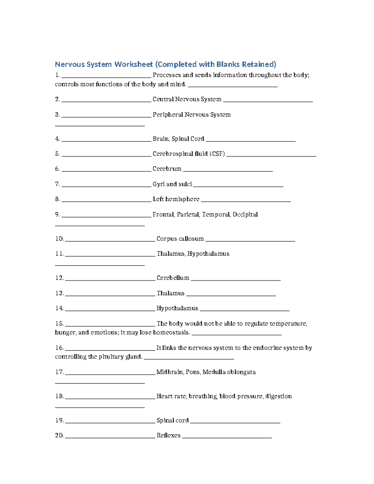 Nervous System Worksheet (Completed with Blanks Retained) - Studocu