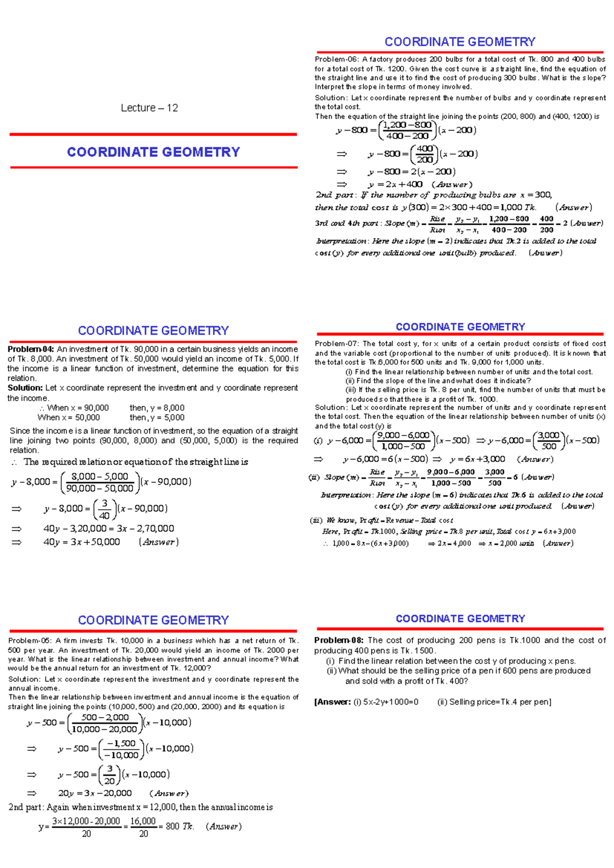 COORDINATE GEOMETRY: Linear Relationships in Cost and Income Analysis ...