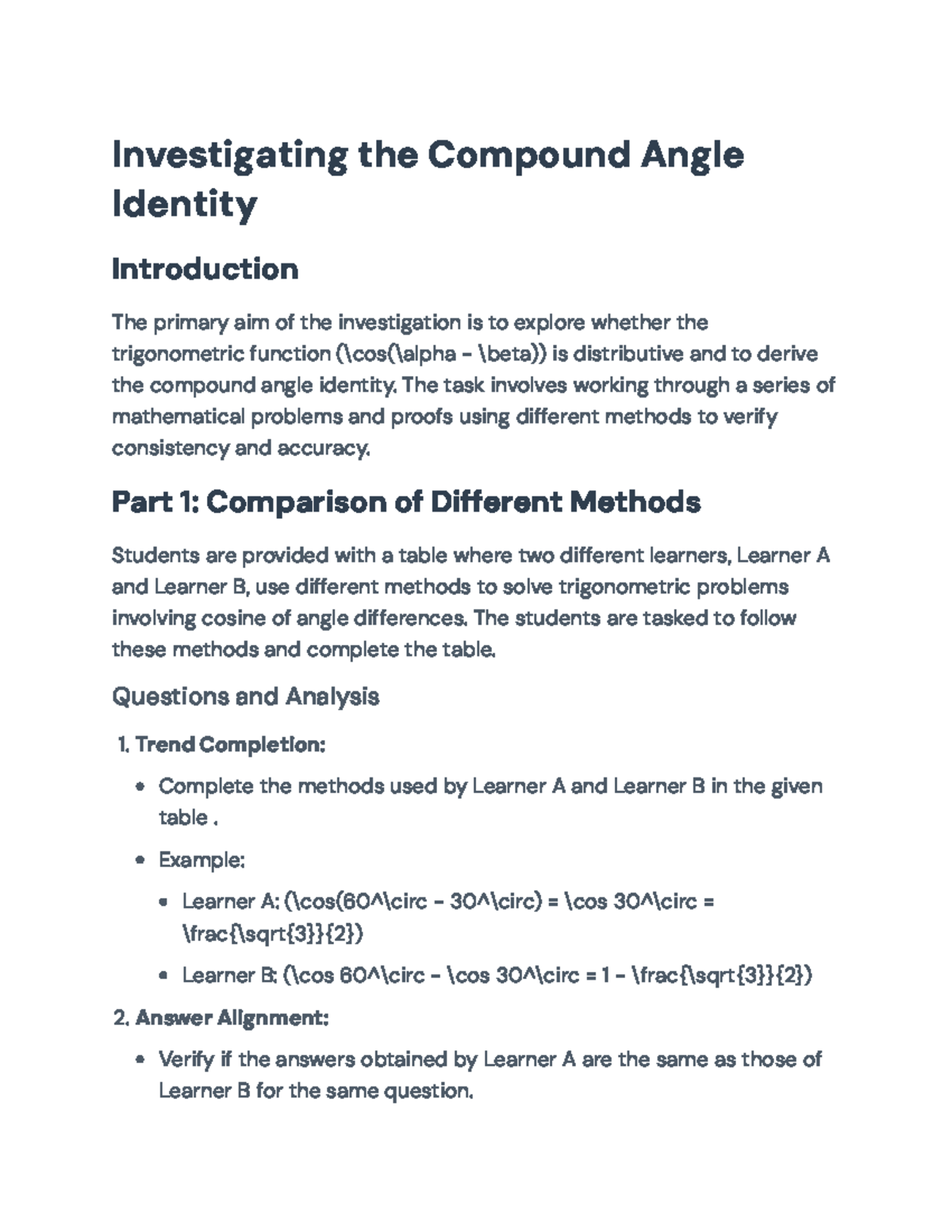 Exploration of the Compound Angle Identity in Trigonometry ...