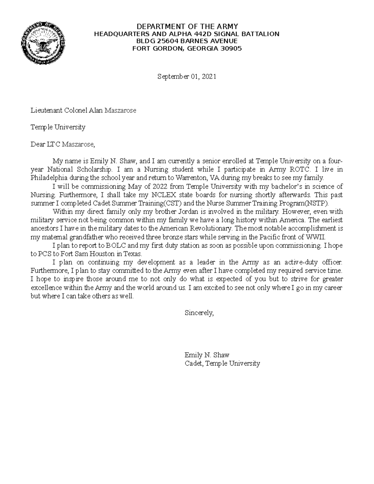 Introduction Letter for Unit - DEPARTMENT OF THE ARMY HEADQUARTERS AND ...