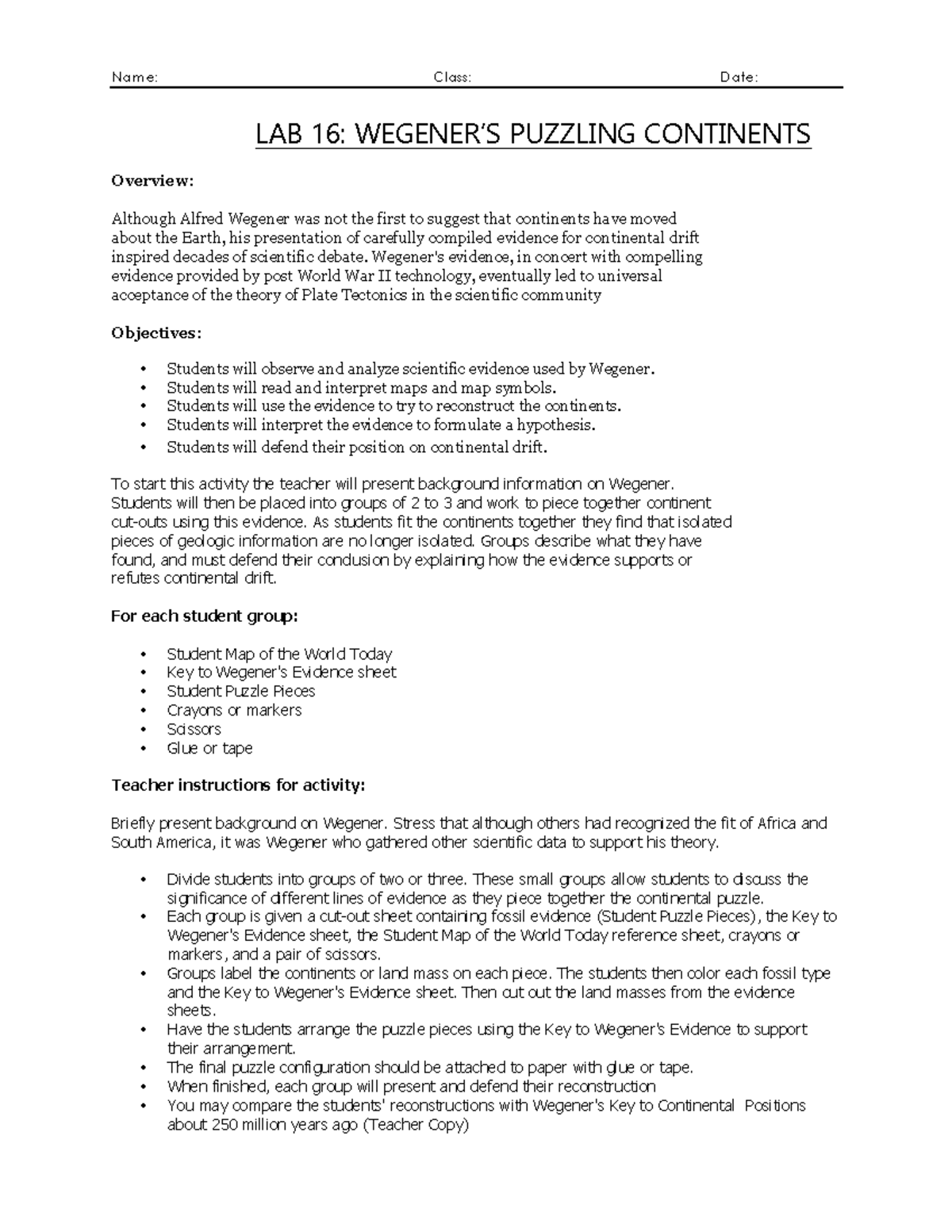 LAB 16: Understanding Wegener's Continental Drift Evidence Activity ...