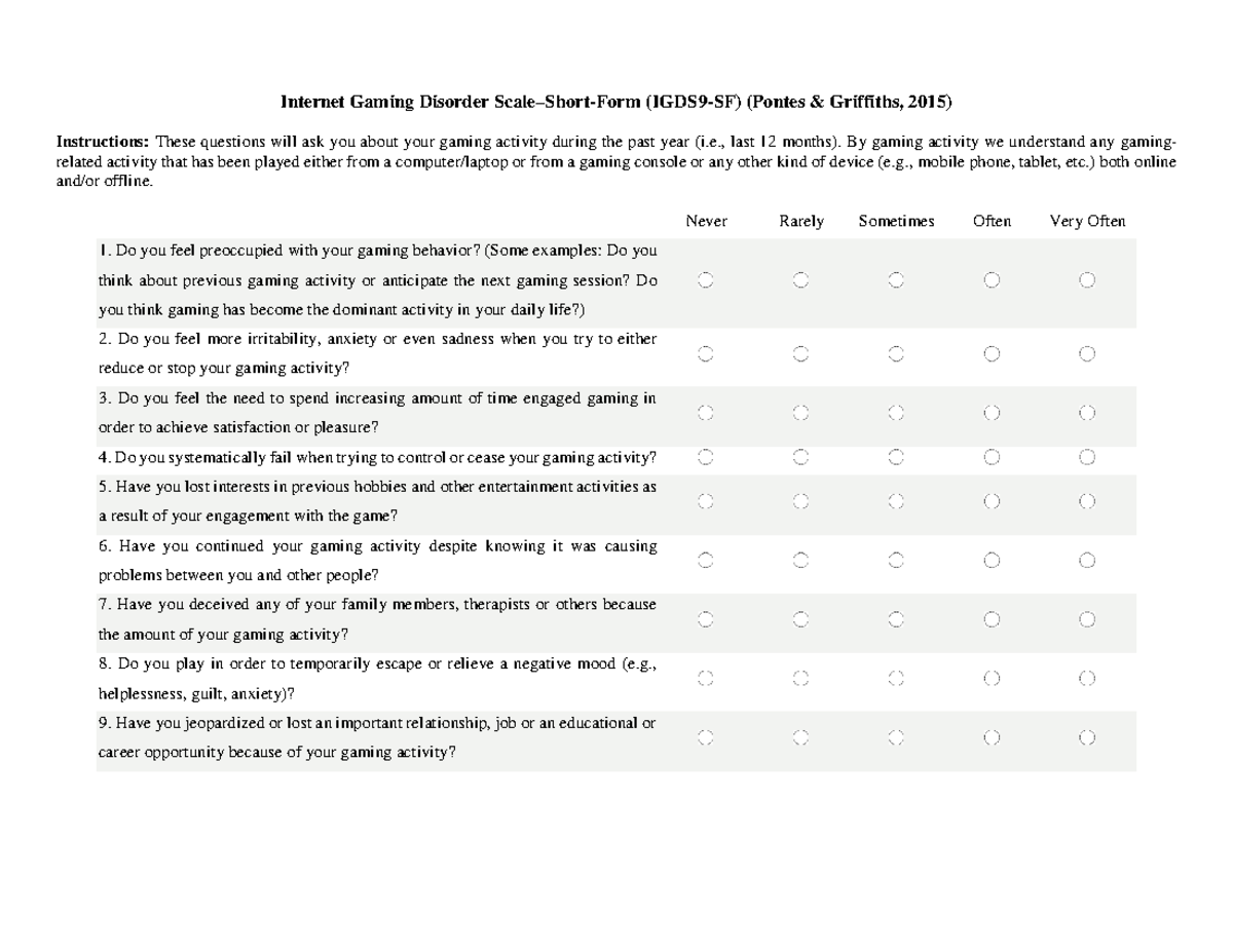 Gaming Addiction Questionnaire (Pontes Griffiths, 2015) - Studocu