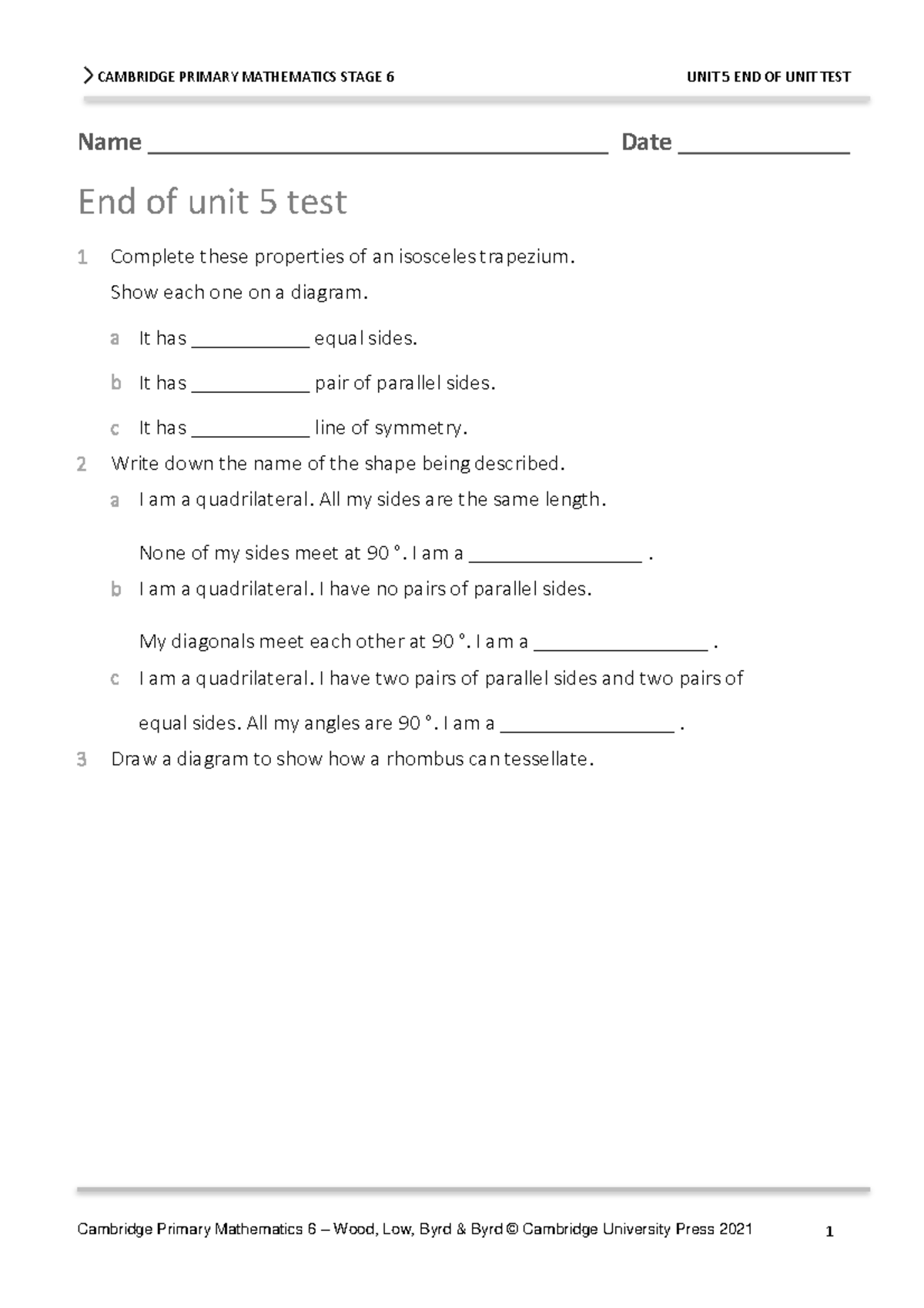 CAMBRIDGE PRIMARY MATHEMATICS 6 UNIT 5 END OF UNIT TEST - Studocu
