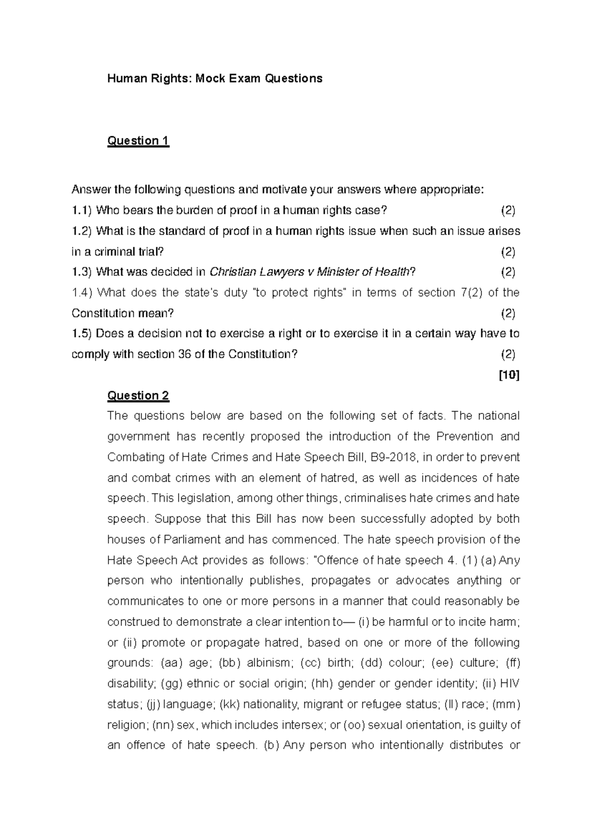 Mock Exam Questions - human rights slides - Human Rights: Mock Exam ...