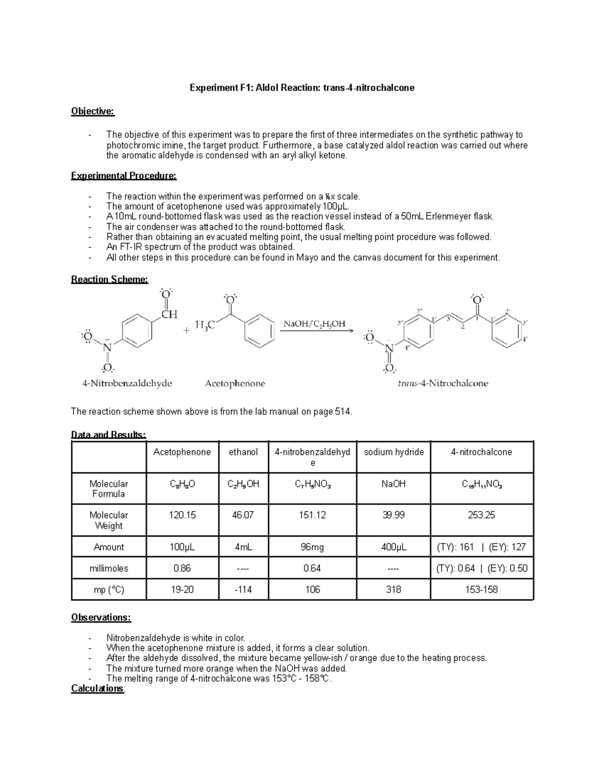 Organic Chemistry 2 Lab F1: Aldol Reaction of trans-4-nitrochalcone ...