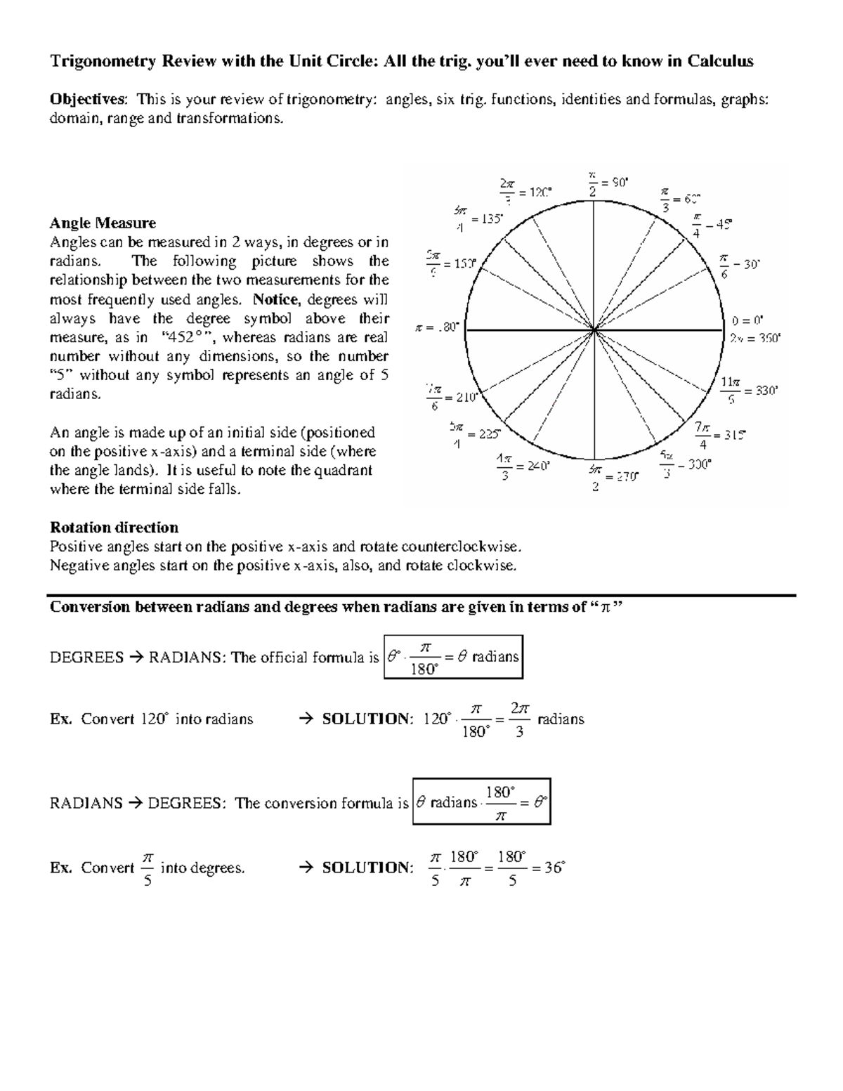 Trigonometry review: Unit circle and key concepts for calculus (MATH 101) - Studocu