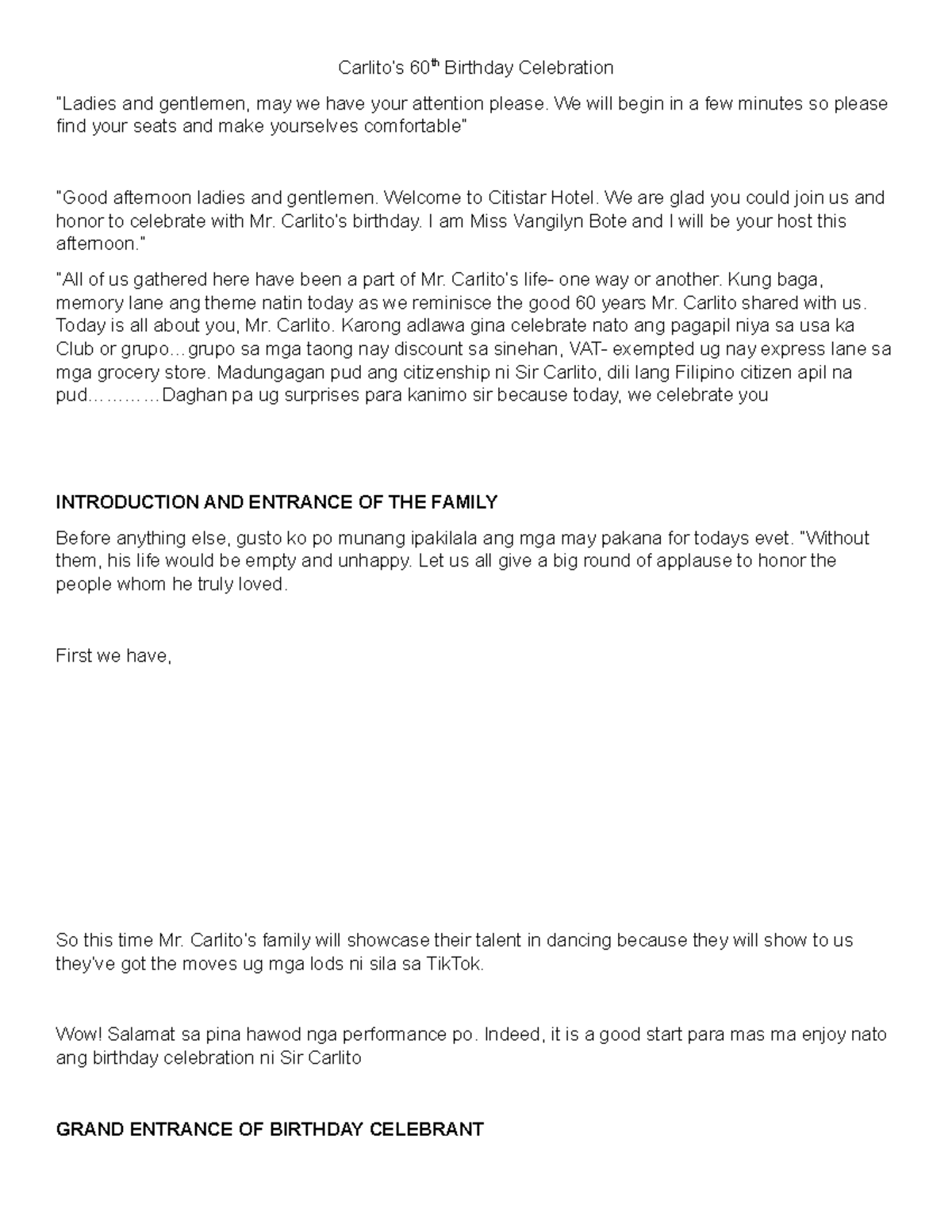 Carlito's 60th Birthday Celebration Script: A Memorable Tribute - Studocu