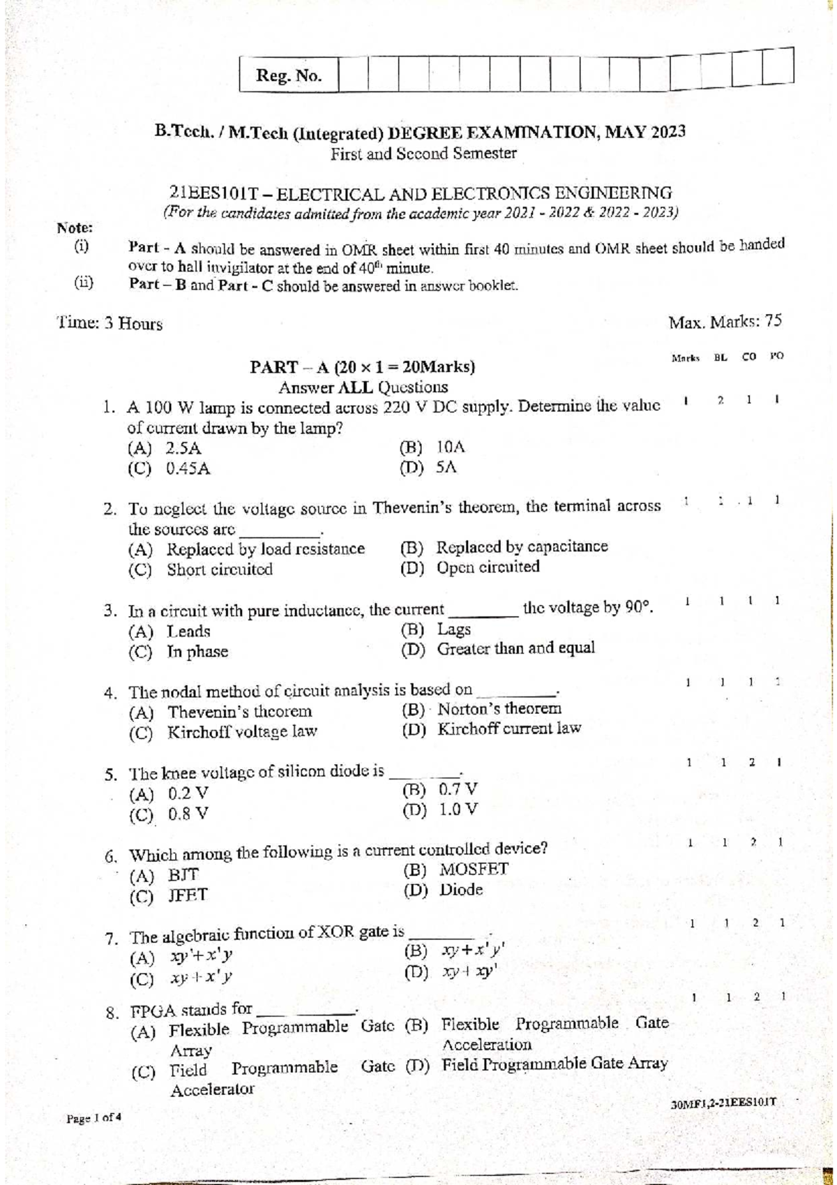 B.Tech M.Tech Integrated EEE Exam Q&A - May 2023 (Reg. No. 21EES101T ...