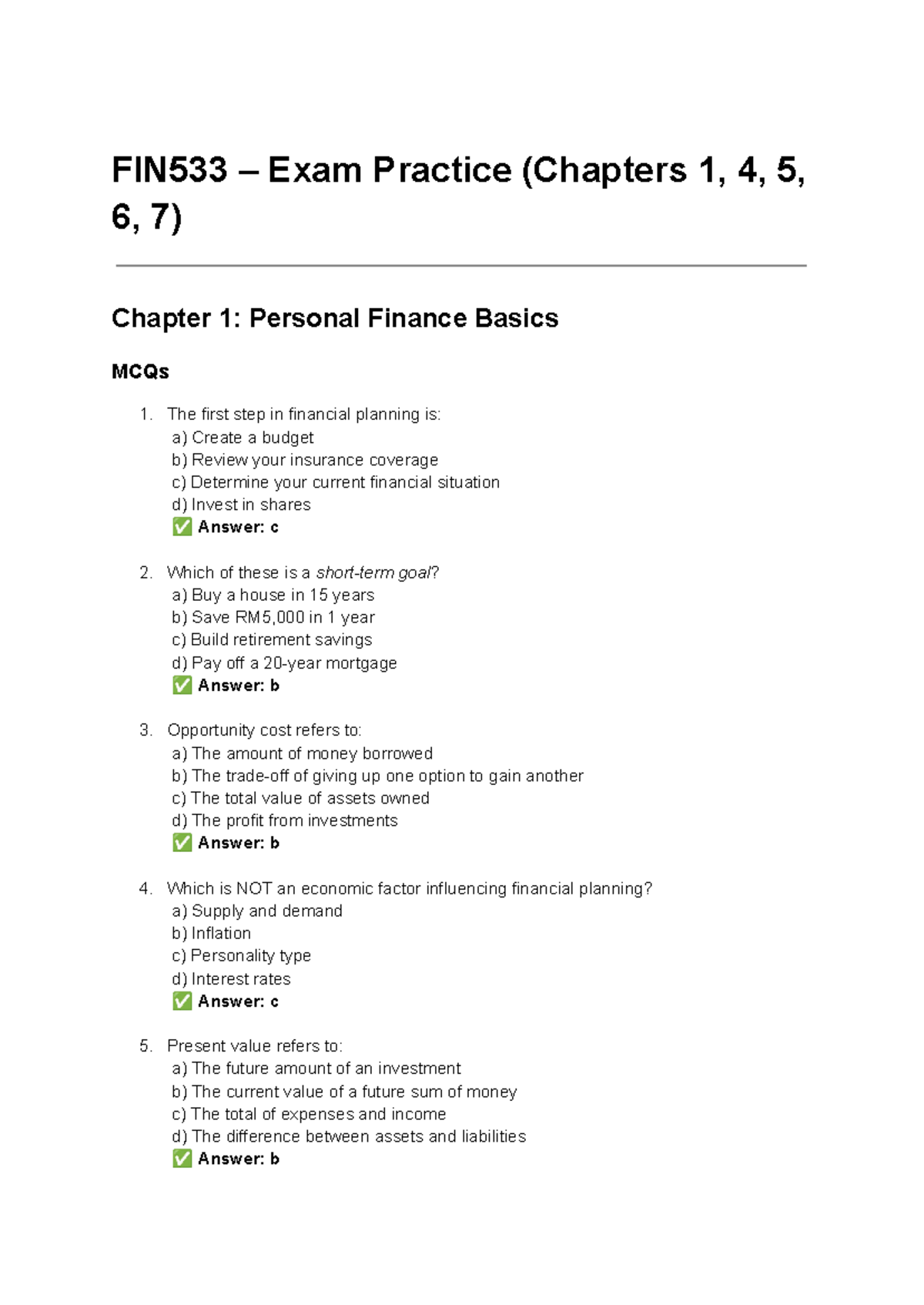 FIN533 – Exam Practice Questions (Chapters 1, 4, 5, 6, 7) - Studocu
